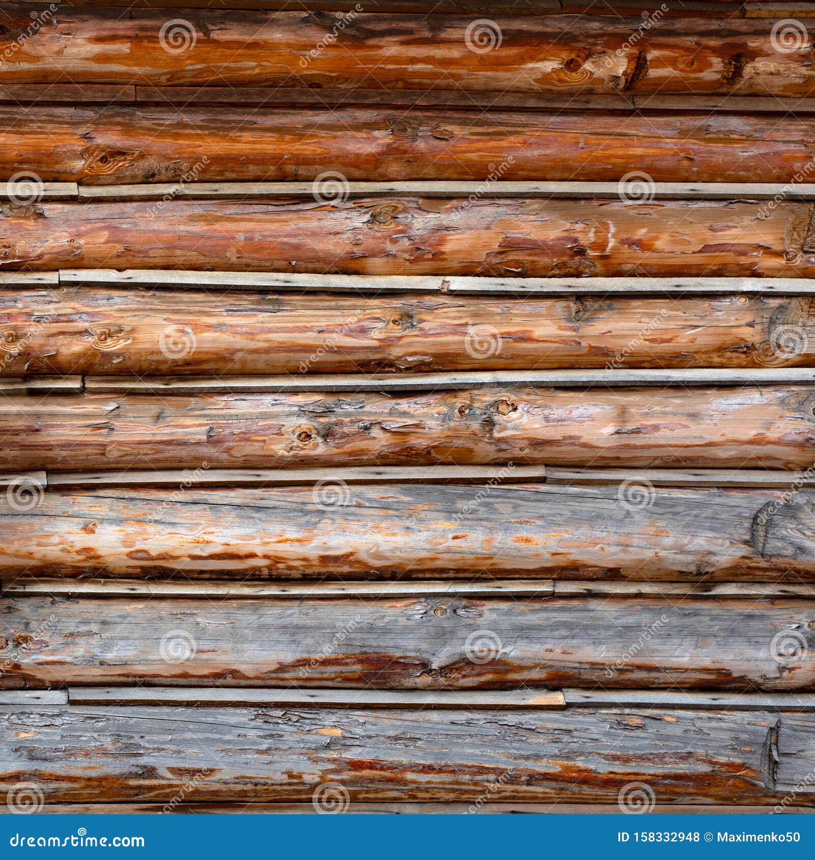 Roundish Rustic Log Wall Horizontal Timber Background. Natural Texture ...
