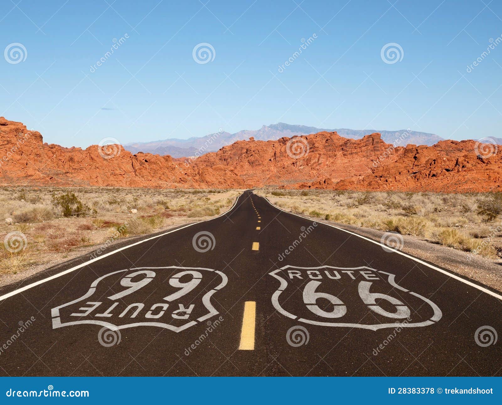 Route 66 Pavement Sign with Red Rock Mountains Stock Photo - Image of ...