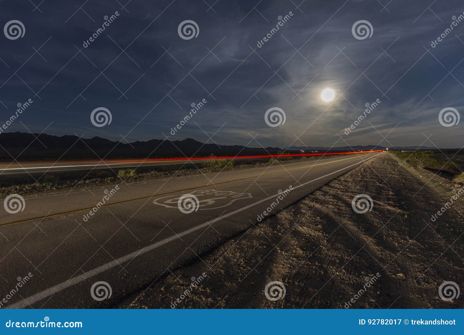Route 66 with Full Moon and Streaking Train Stock Image - Image of ...