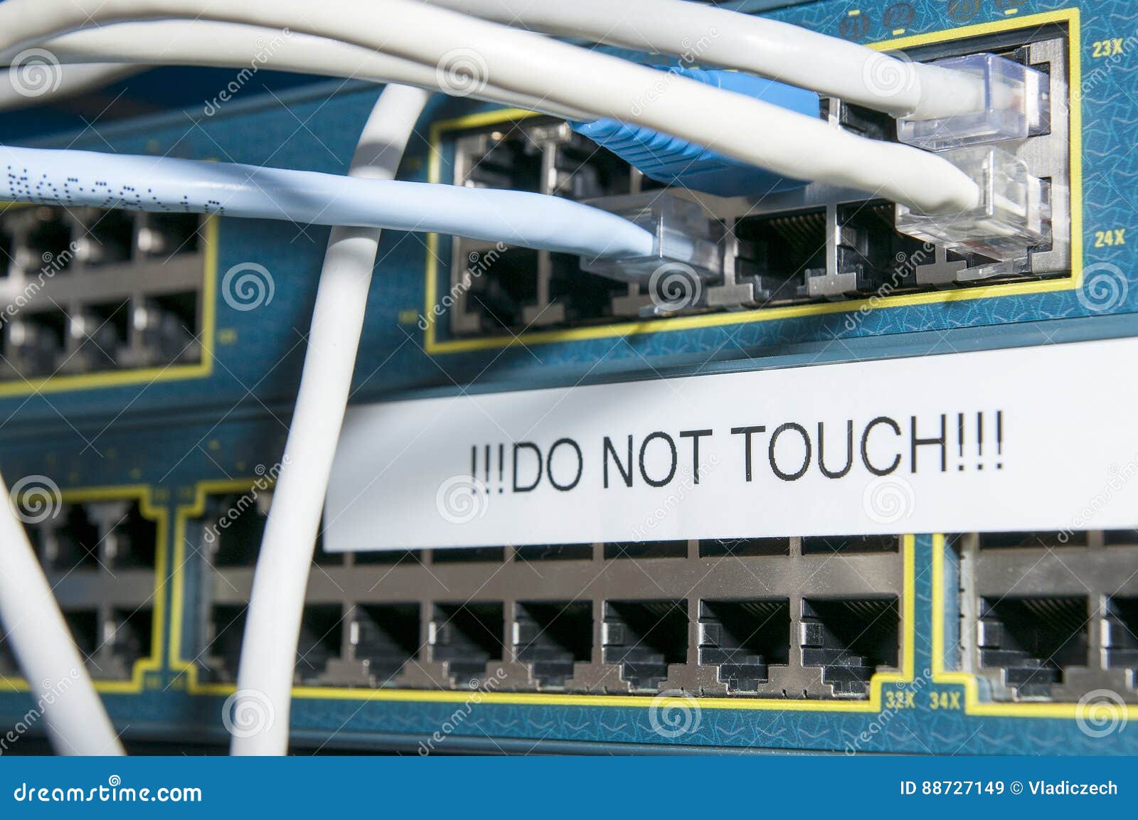 Router with Plugged in Cables and a Sign of `DO NOT TOUCH`. Stock Image ...