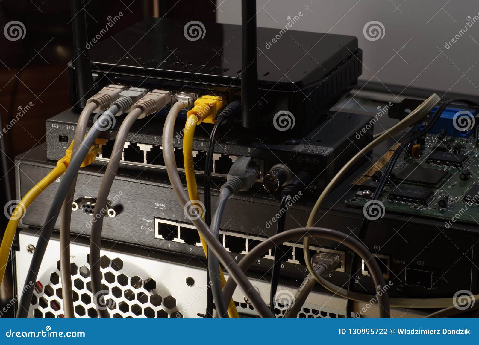 Router, Switch and Tangle of Internet Cables. PC Connections. Stock ...
