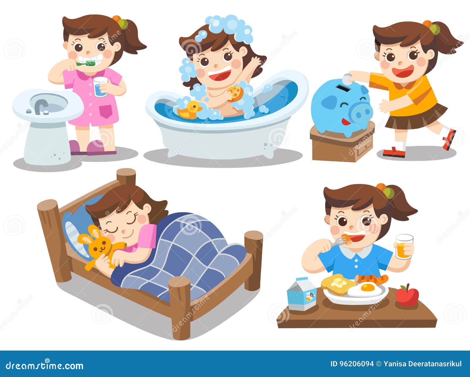 The daily Routine of a Cute Girl on a White Background Stock Vector ...