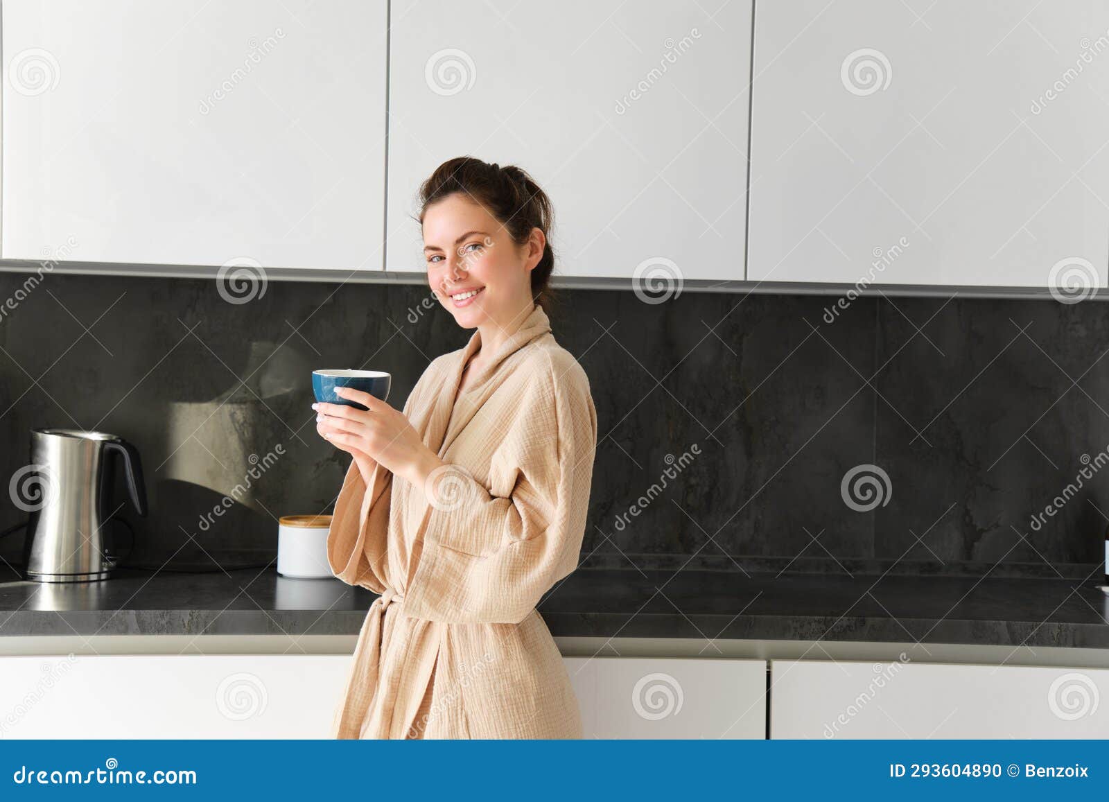 Daily Routine and Lifestyle. Young Beautiful Woman in Bathrobe ...