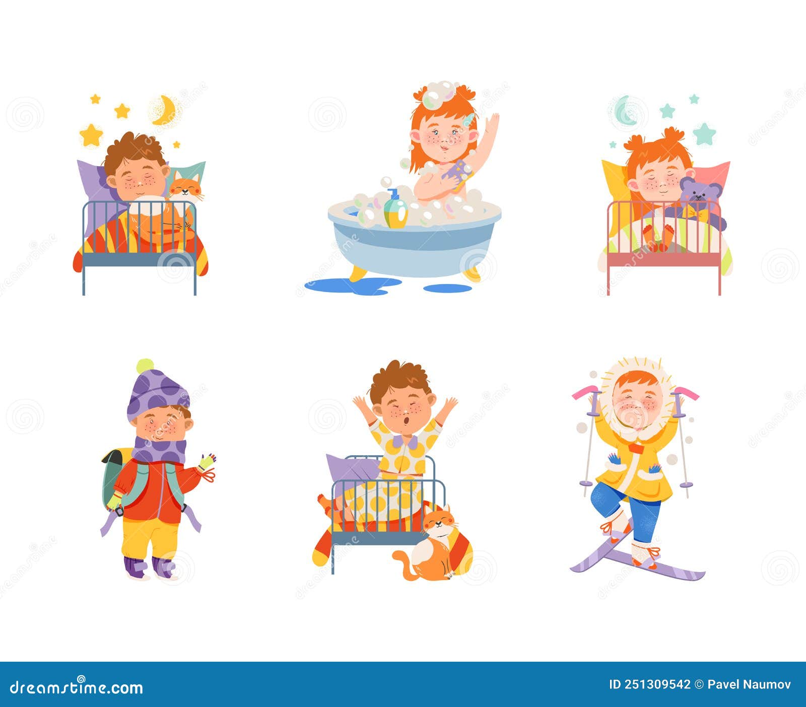 Daily Routine of Little Boy and Girl Character with Sleeping in Bed ...