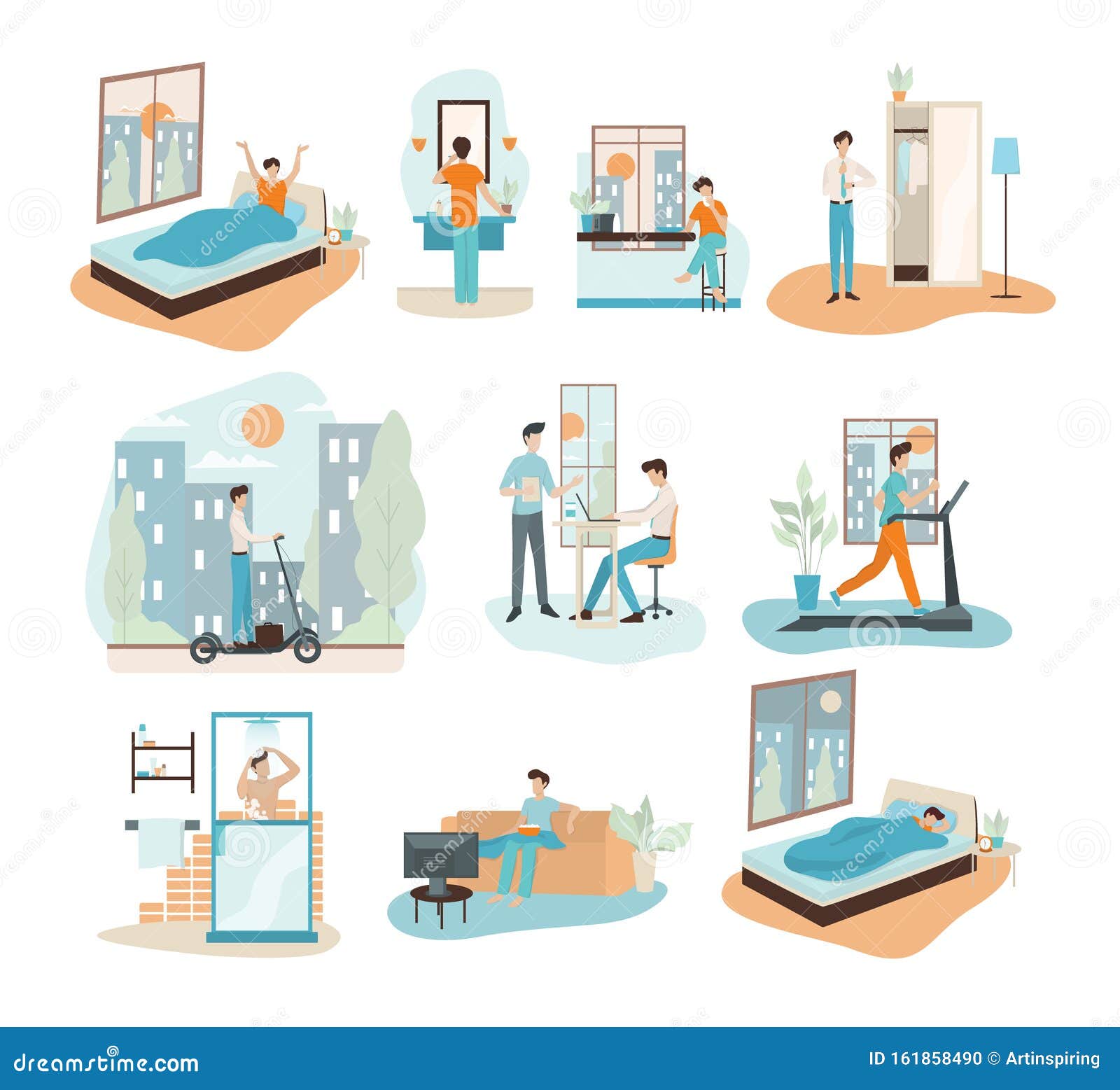 Daily Routine of a Man Set. Isolated Vector Illustration in Cartoon ...