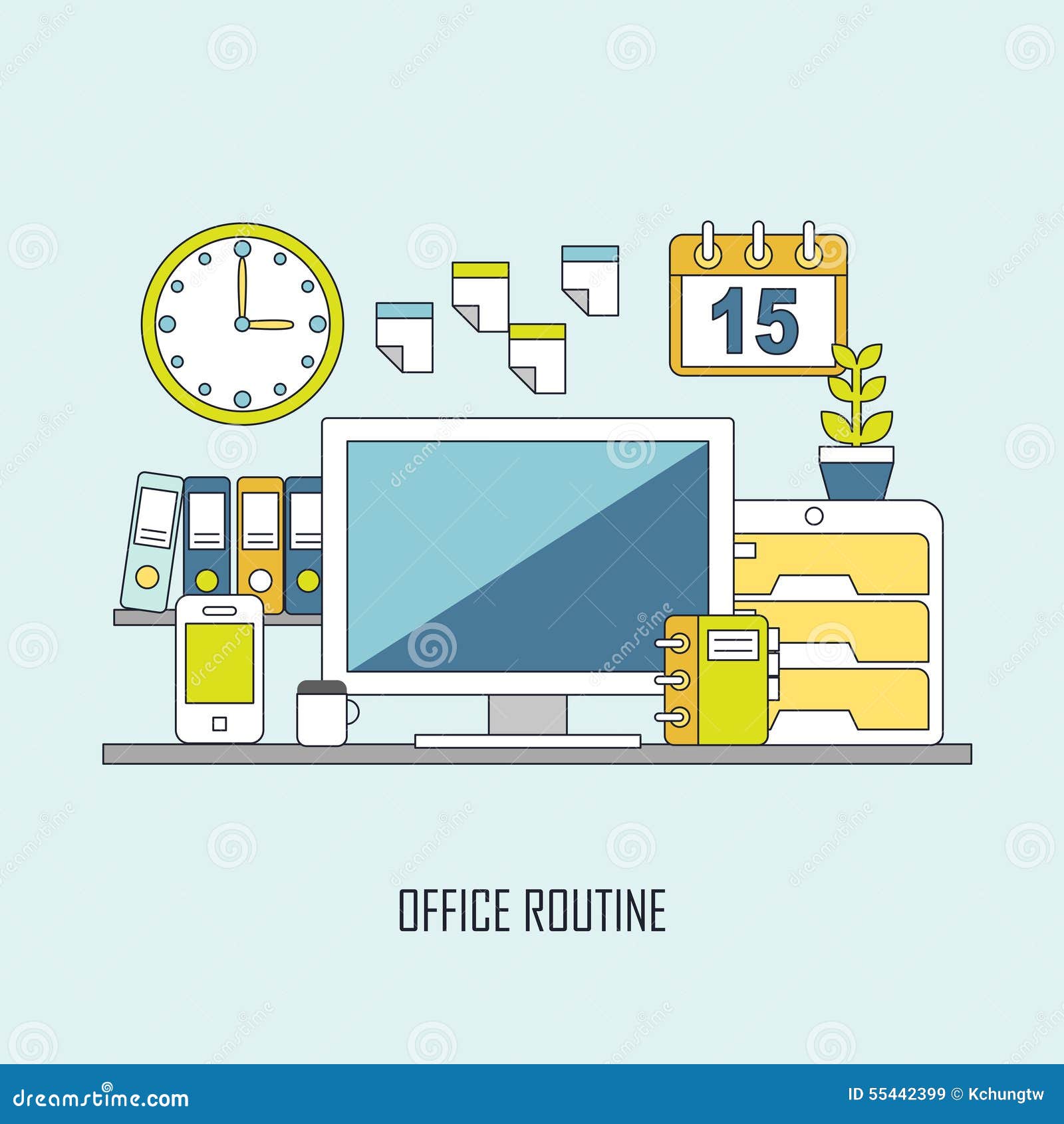 Routine Office in Flat Thin Line Style Stock Vector - Illustration of ...