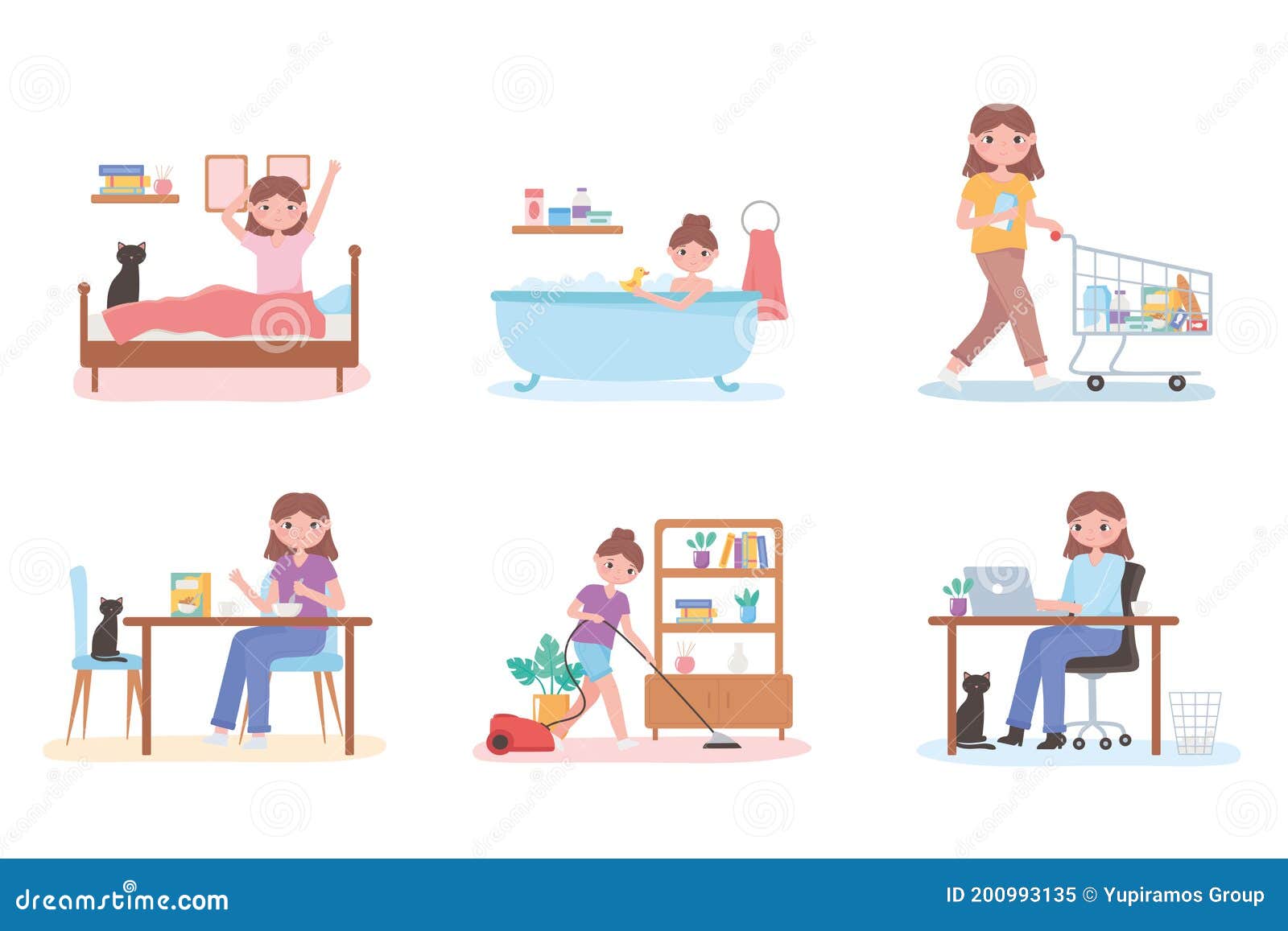 Daily Routine Scene with People Cooking, Take Bath, Working and ...