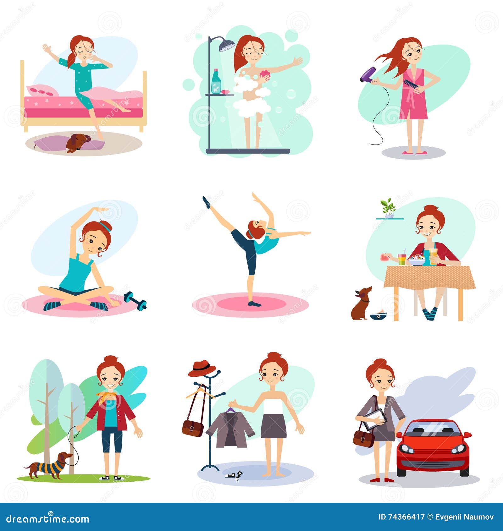 Daily Routine Set with Cute Girl Stock Illustration - Illustration of ...