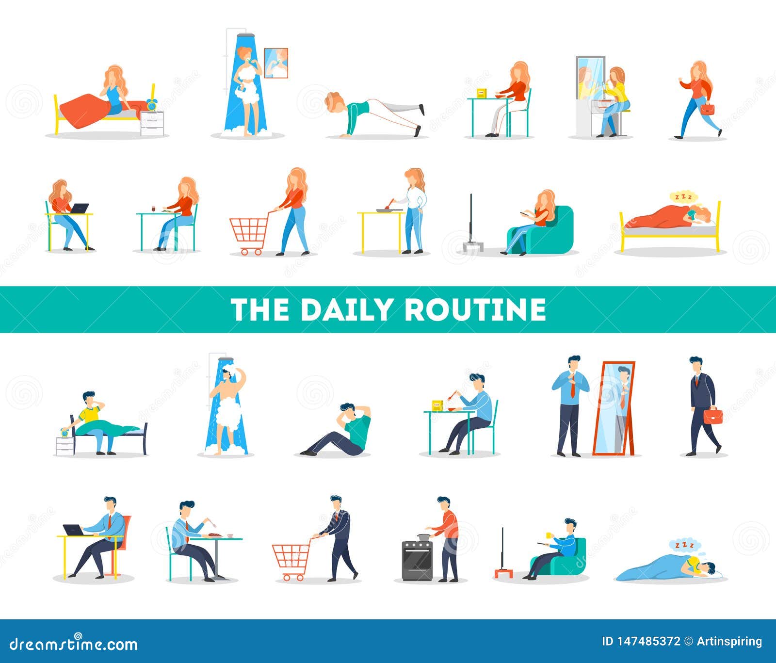 Daily Routine of a Woman and Man Set Stock Vector - Illustration of ...