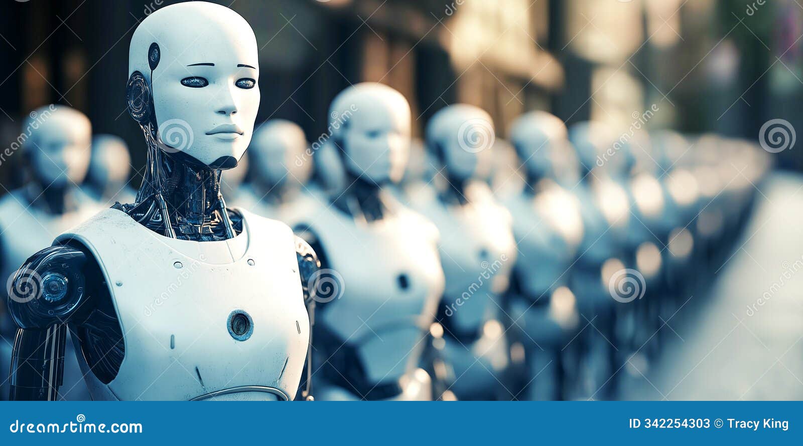 Futuristic Robots Lined Up in an Urban Setting Stock Image - Image of ...