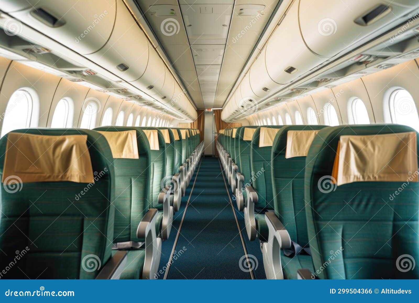 A Row of Airplane Seats with Overhead Compartments Open Stock Photo ...