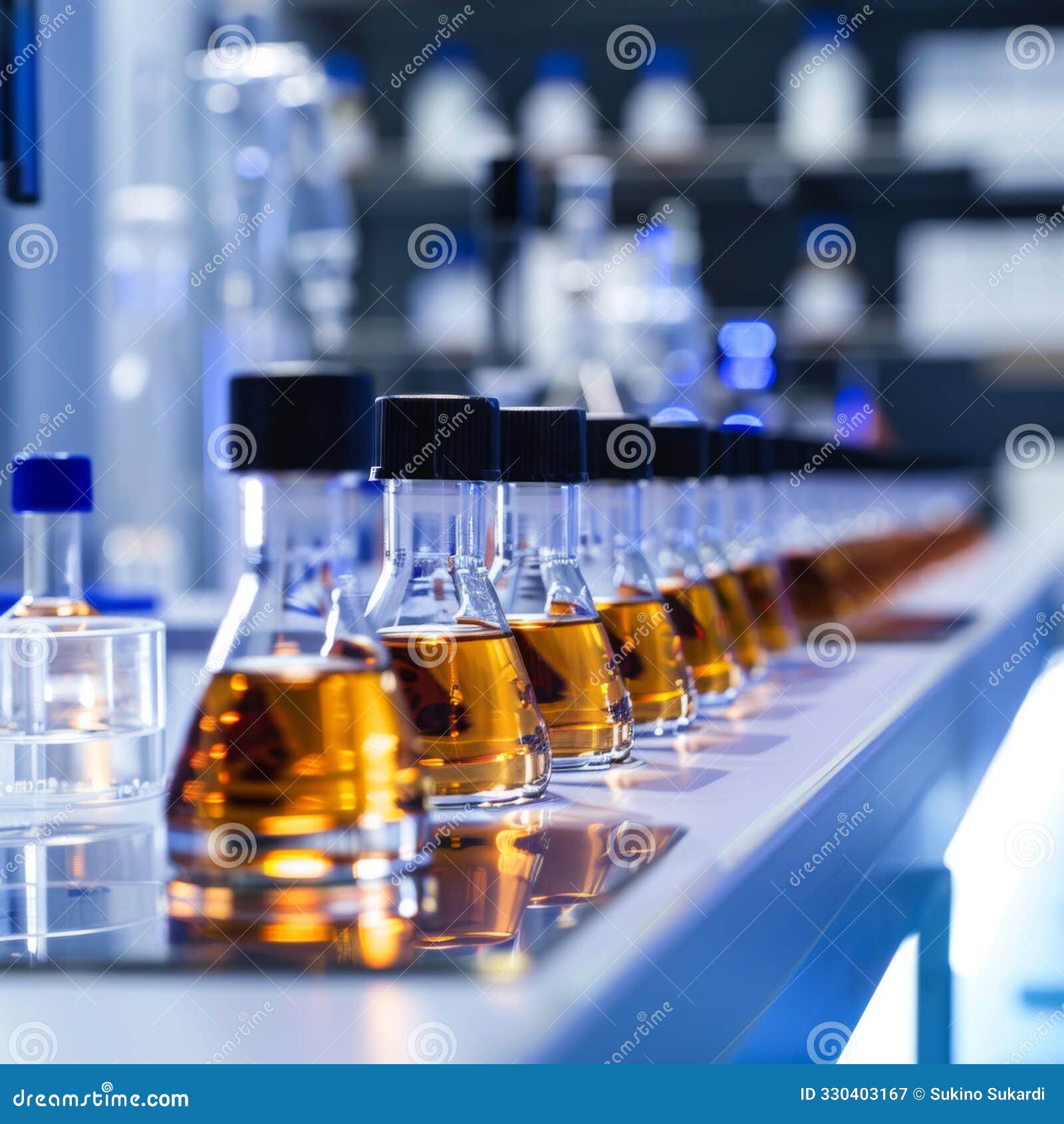 Row of Amber Liquid in Conical Flasks on Lab Table Stock Illustration ...