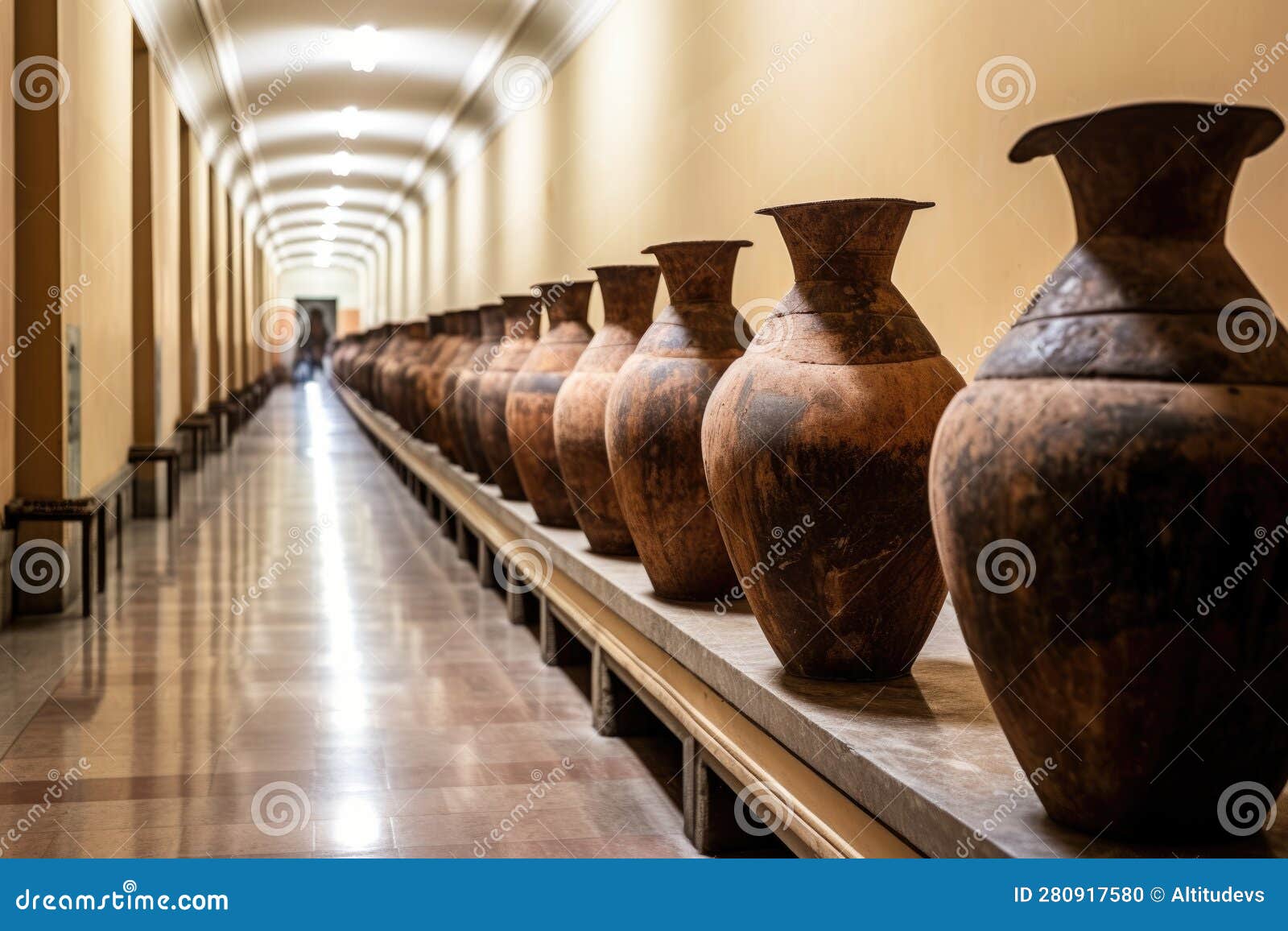 Row of Ancient Amphorae in an Archaeological Museum Stock Illustration ...