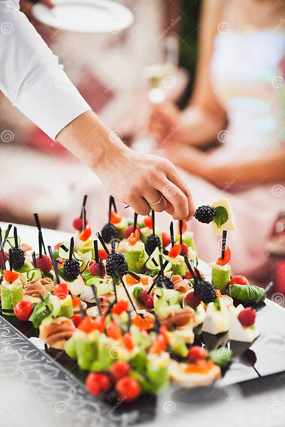Row of Appetizers and Starters on the Wedding Table Stock Photo - Image ...
