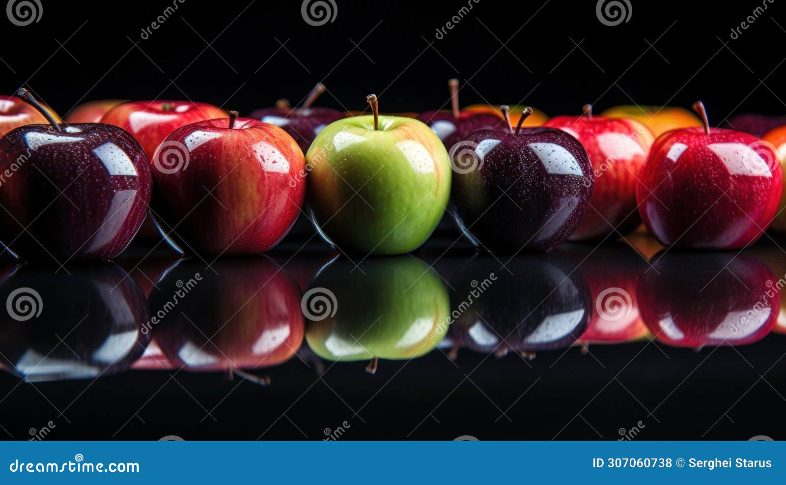 A Row of Apples with Different Colors and Sizes on a Black Background ...