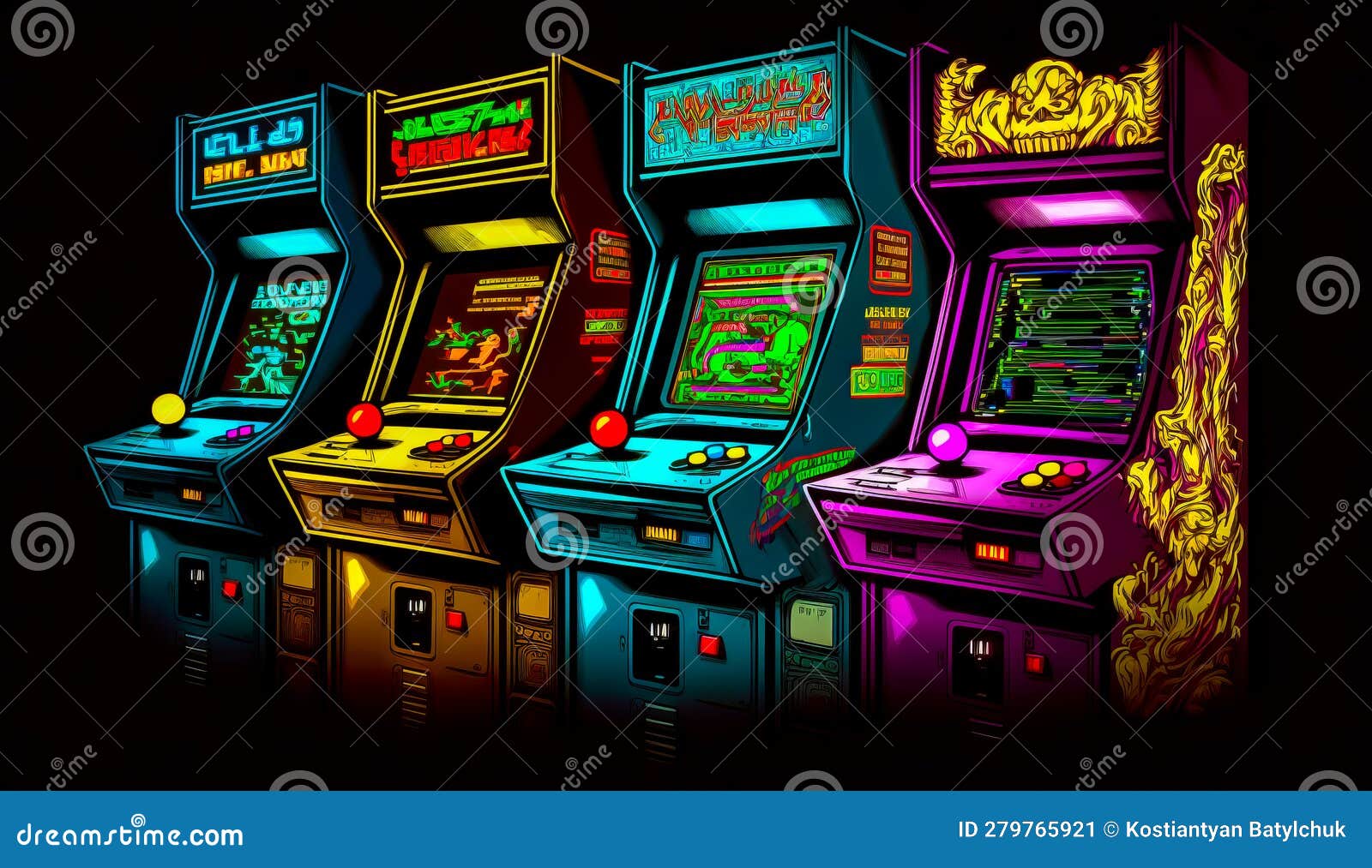 Row of Arcade Machines Sitting Next To Each Other on Black Background ...