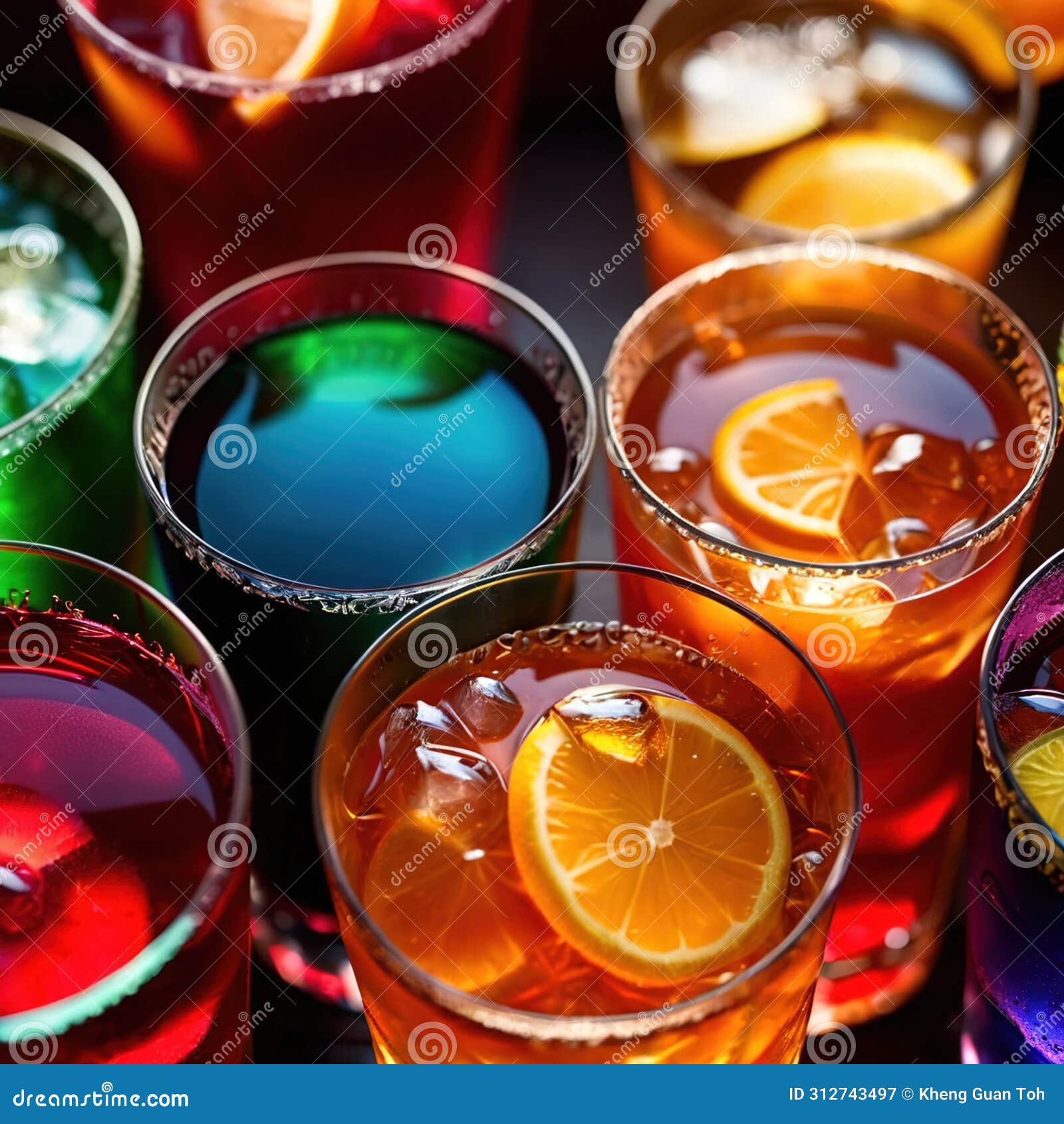 Row of Assorted Colorful Cold Drinks, Summer Party Refreshment at Bar ...