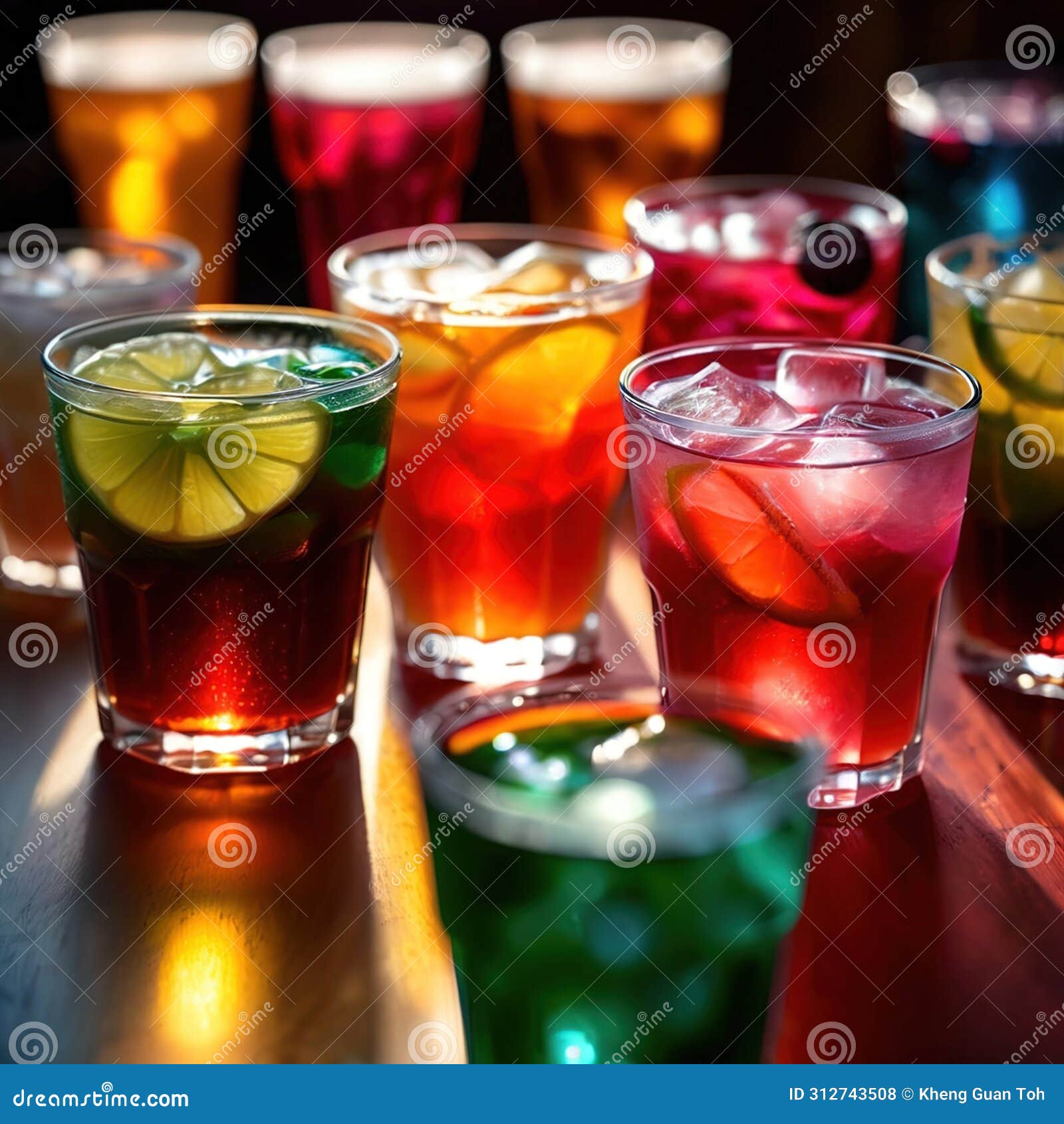 Row of Assorted Colorful Cold Drinks, Summer Party Refreshment at Bar ...