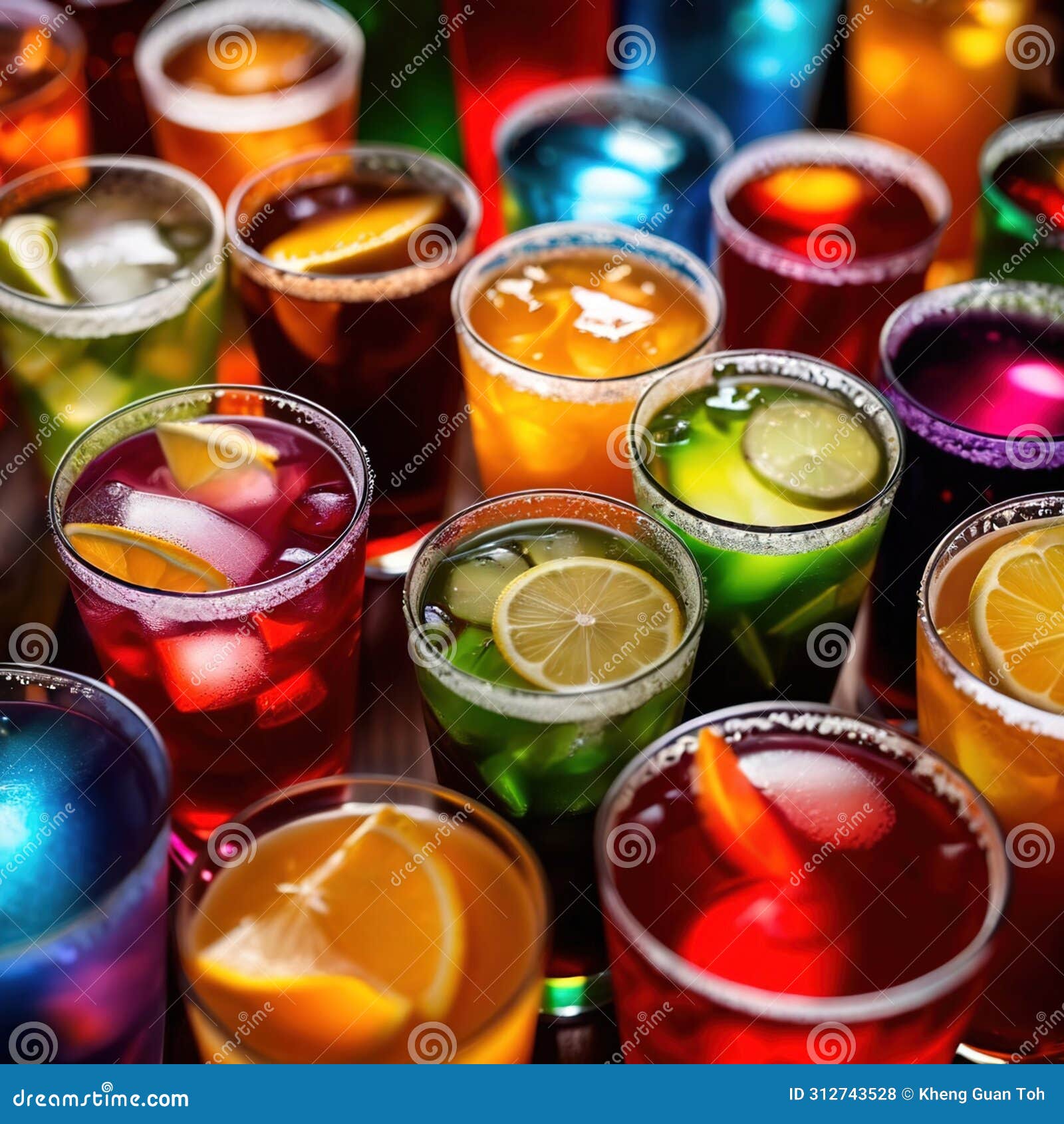 Row of Assorted Colorful Cold Drinks, Summer Party Refreshment at Bar ...