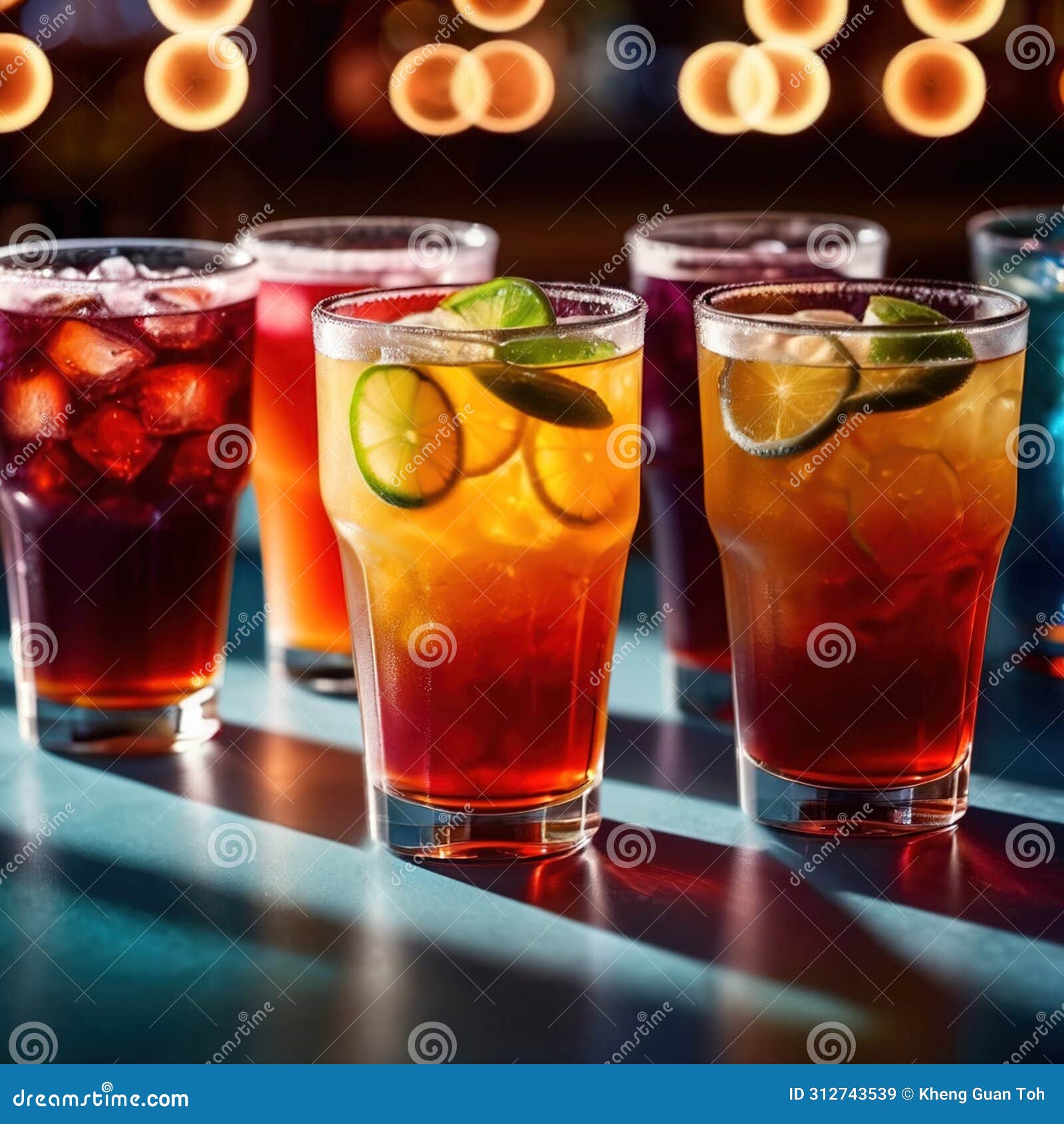 Row of Assorted Colorful Cold Drinks, Summer Party Refreshment at Bar ...