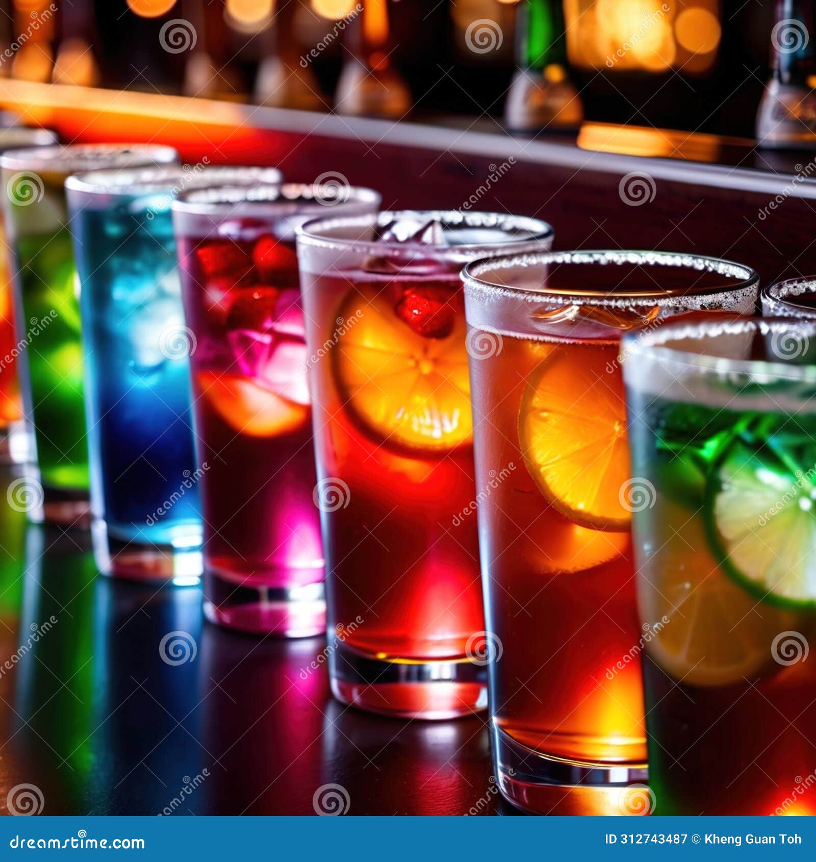Row of Assorted Colorful Cold Drinks, Summer Party Refreshment at Bar ...