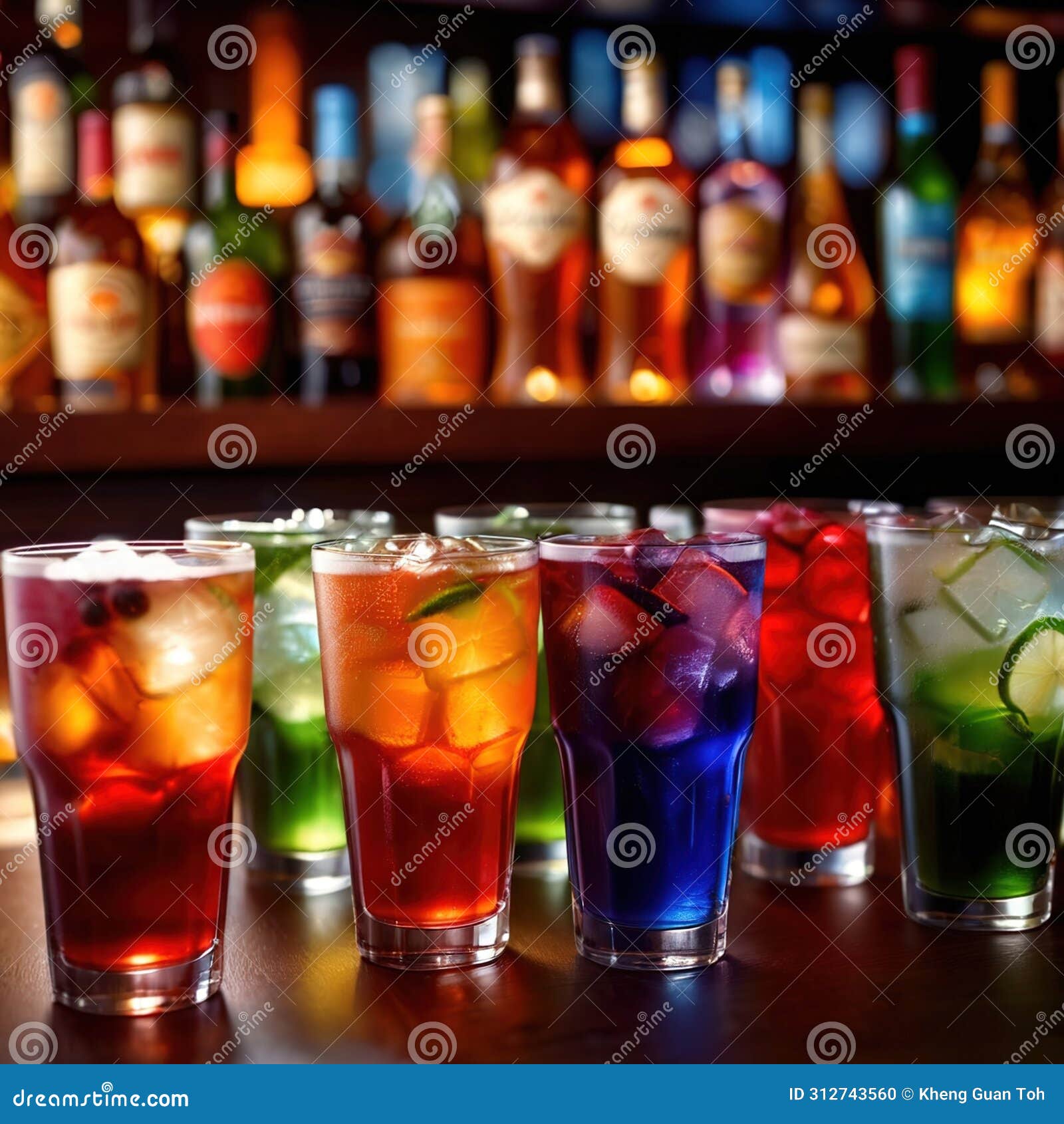 Row of Assorted Colorful Cold Drinks, Summer Party Refreshment at Bar ...