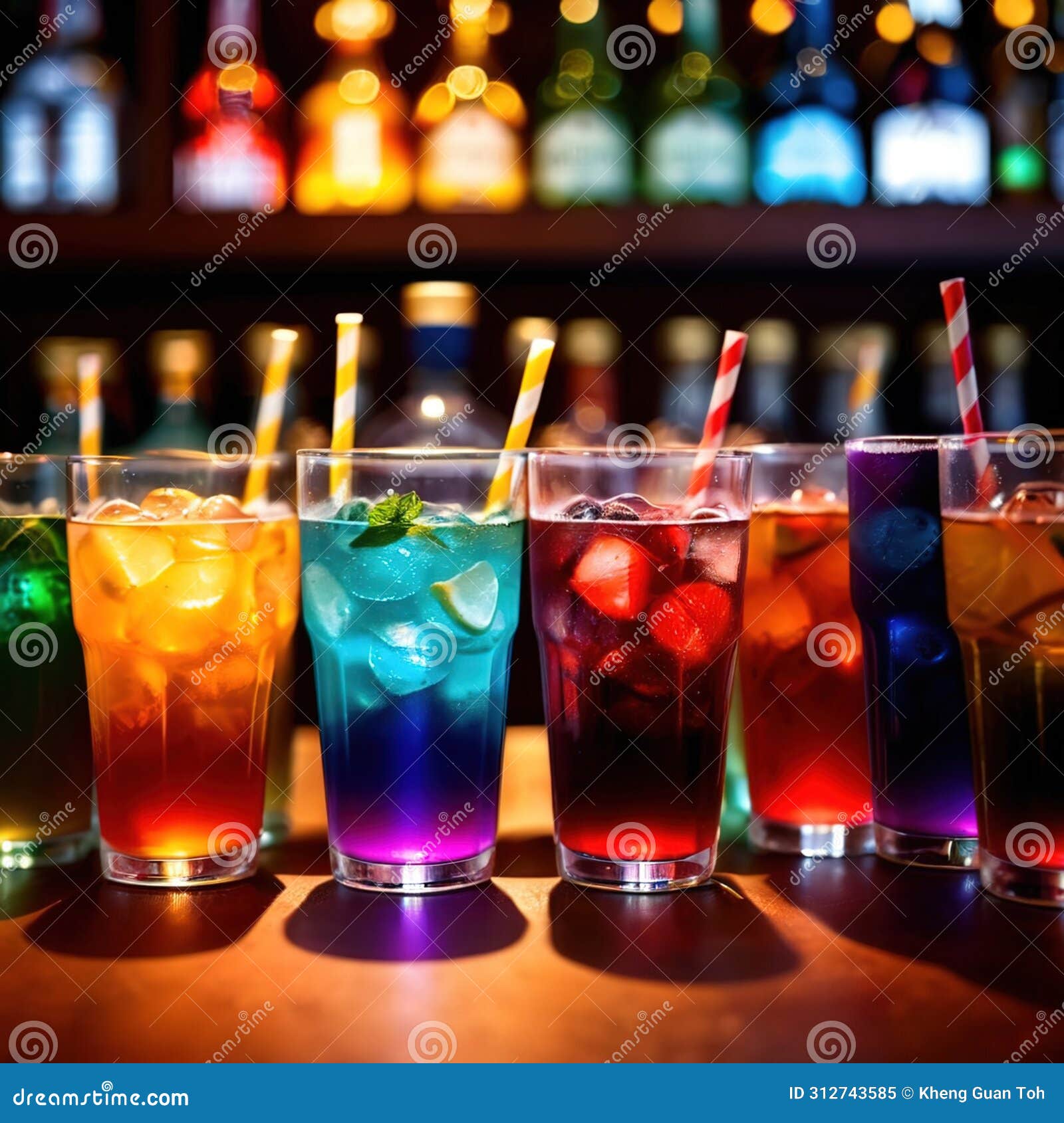 Row of Assorted Colorful Cold Drinks, Summer Party Refreshment at Bar ...