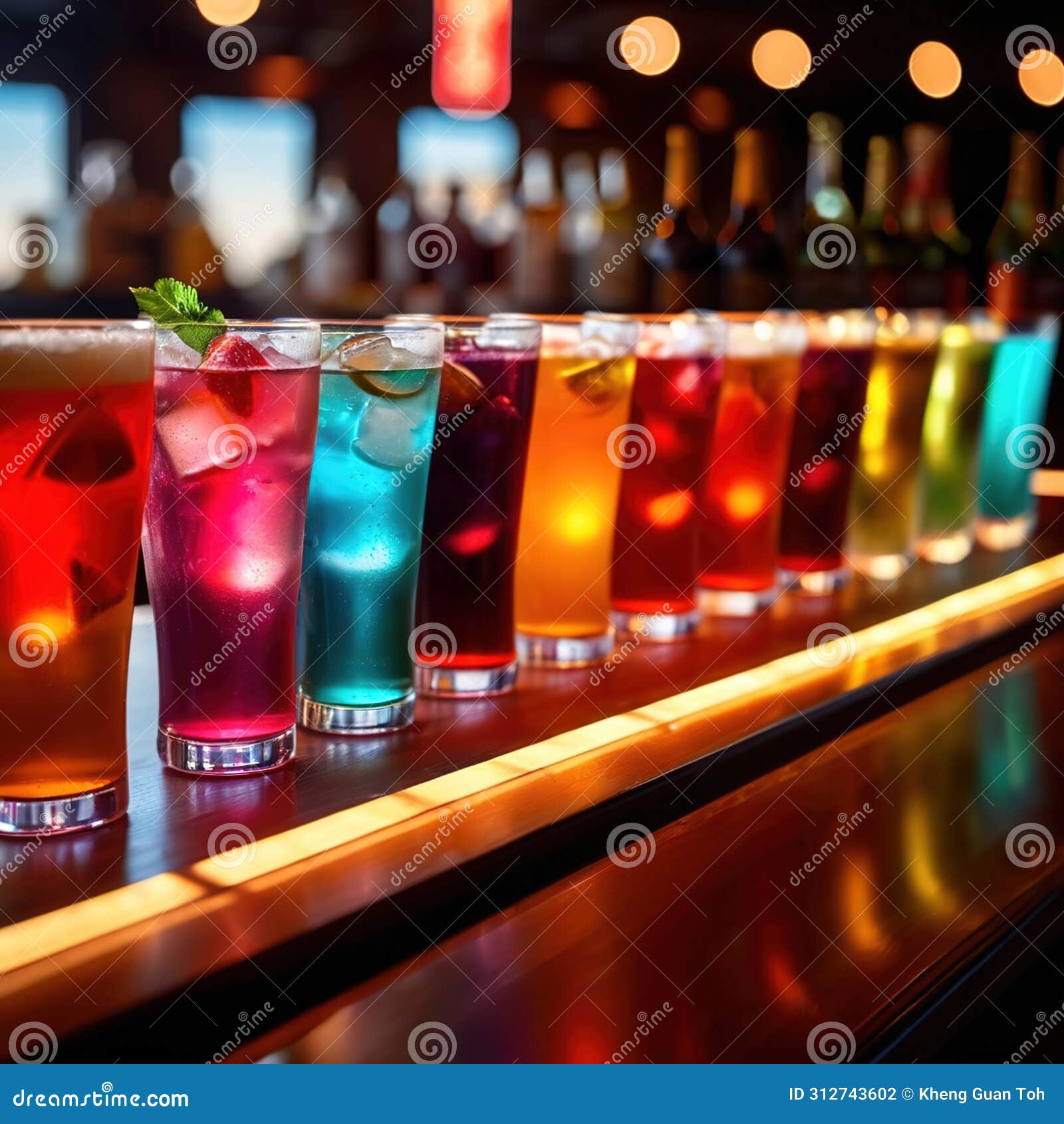 Row of Assorted Colorful Cold Drinks, Summer Party Refreshment at Bar ...