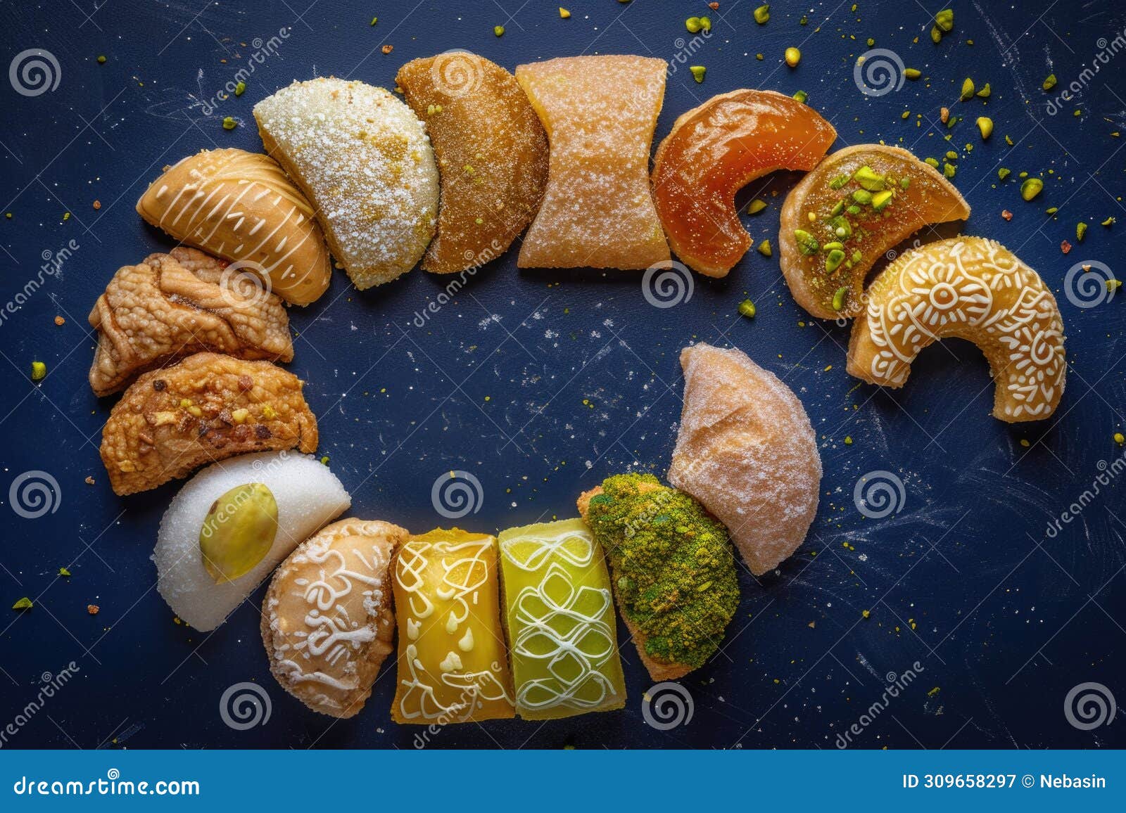 A row of assorted pastries stock image. Image of plate - 309658297