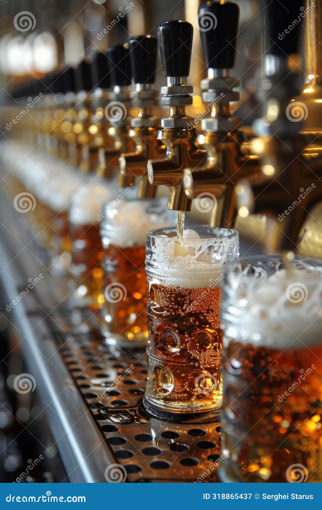 A Row of Beer Taps Pouring a Glass Full of Liquid, AI Stock Image ...