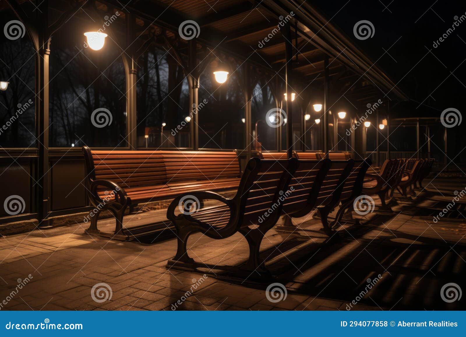 A Row of Benches in a Park at Night Stock Illustration - Illustration ...