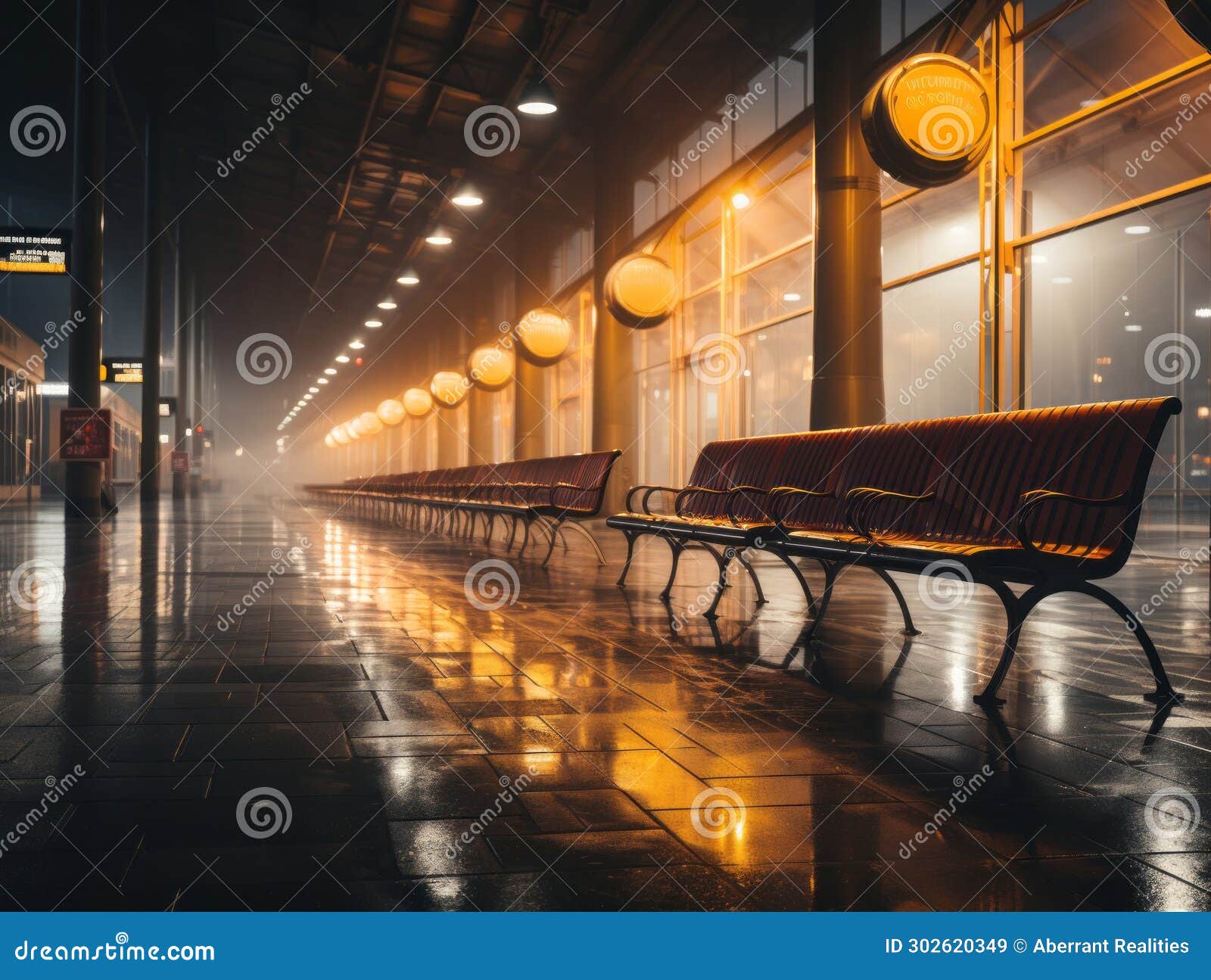 A Row of Benches in a Train Station at Night Stock Illustration ...
