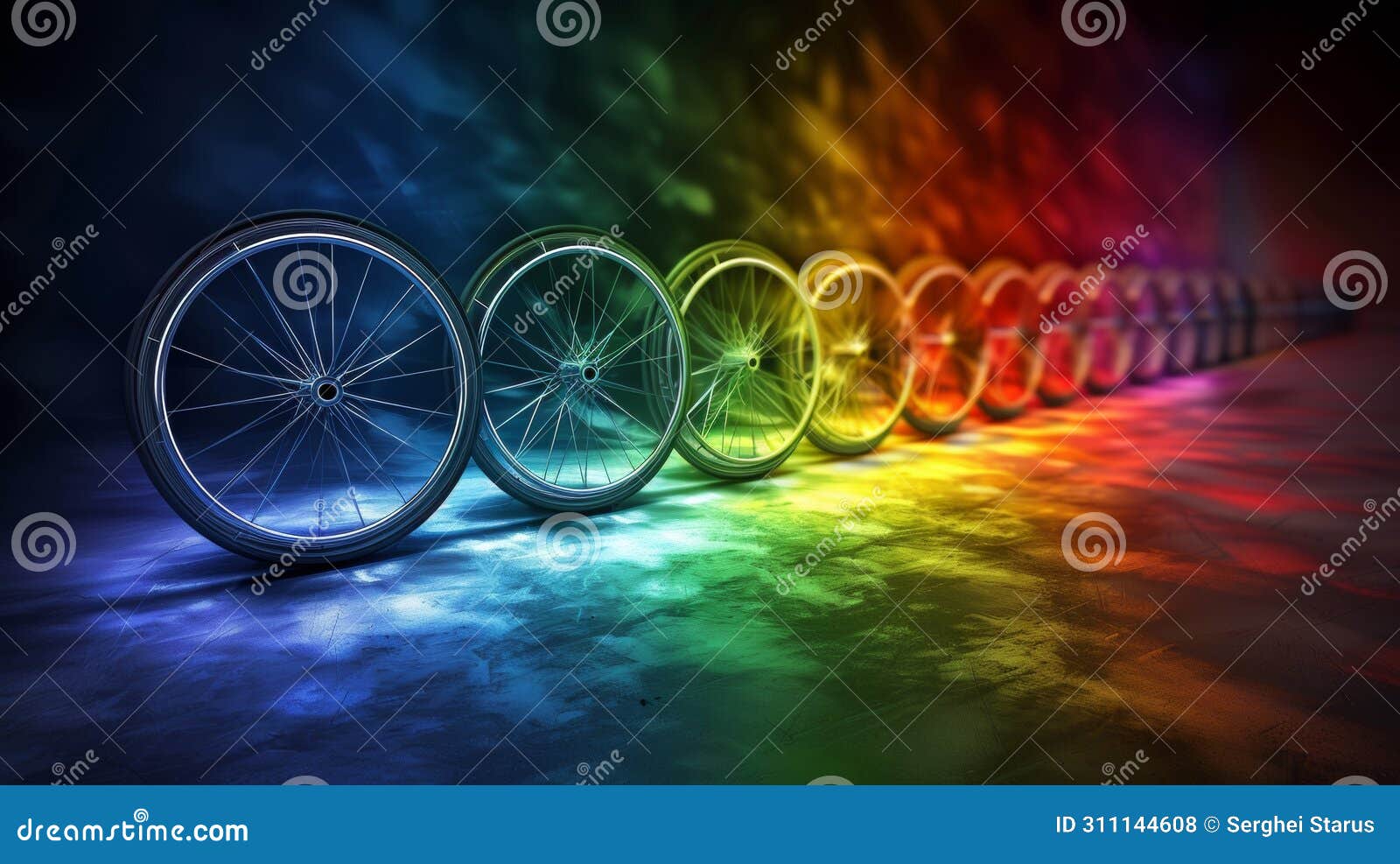 A Row of Bicycle Wheels with Different Colored Spokes in a Rainbow ...