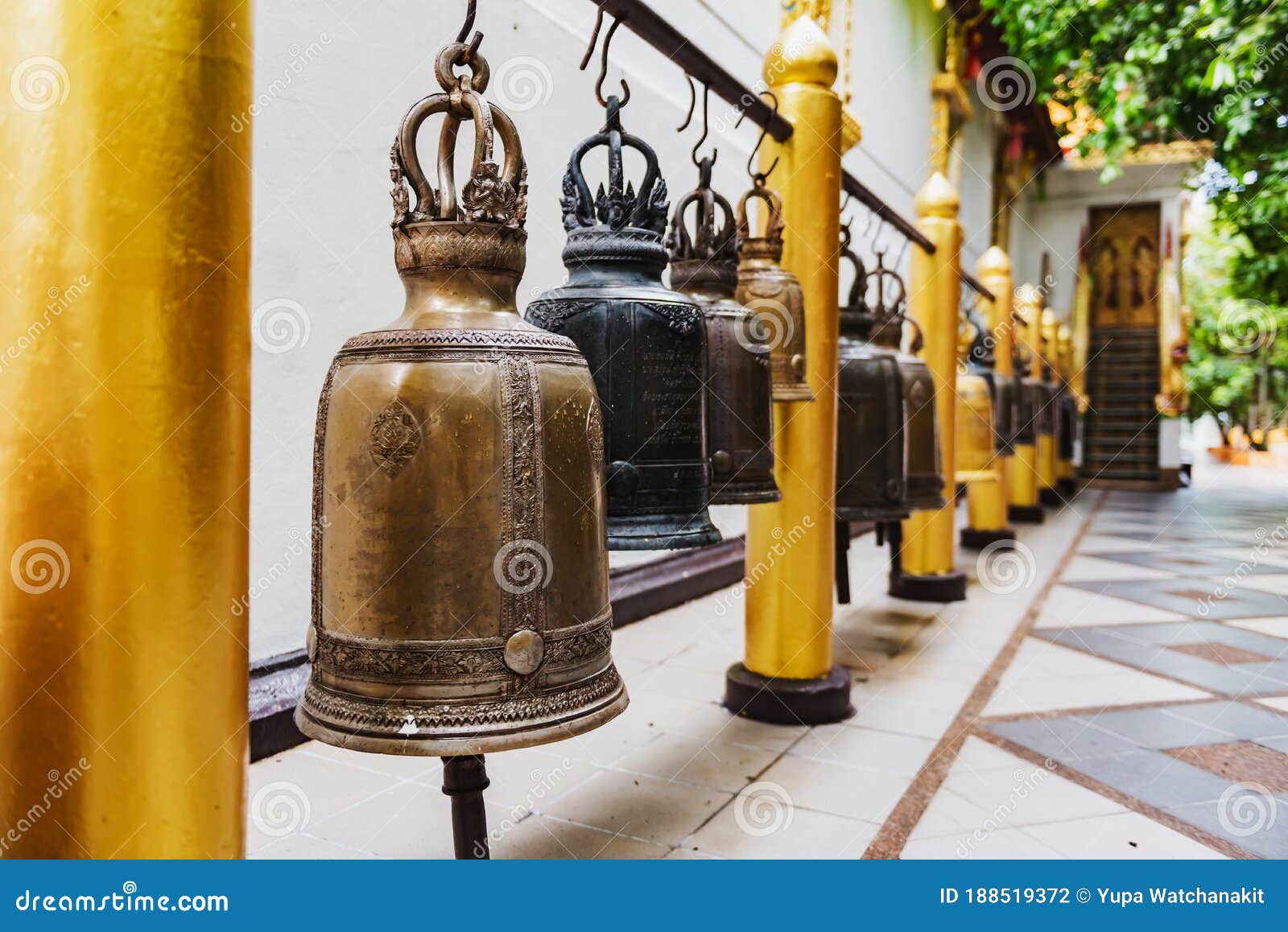 A Row of Big Brass Bell in the Temple Stock Photo - Image of metal ...
