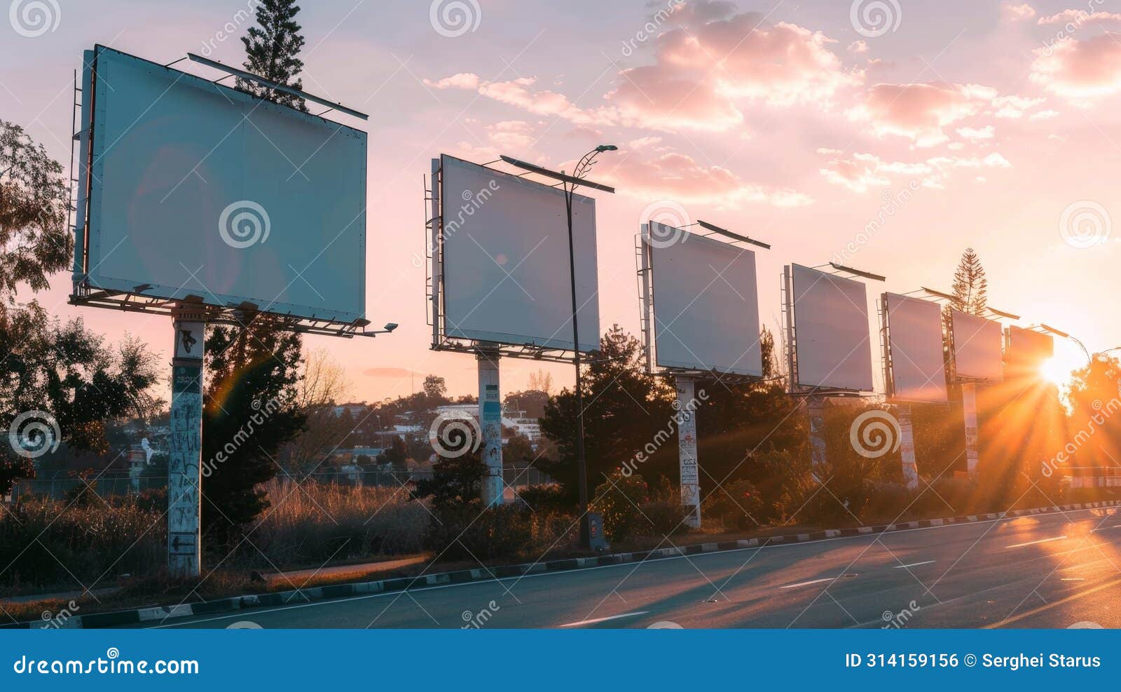 A Row of Billboards on a Highway with the Sun Setting in Front, AI ...