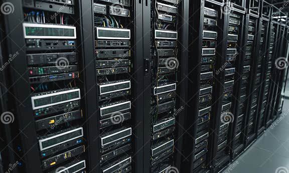 Row Black Server Racks with Various Colored Cables and Devices ...