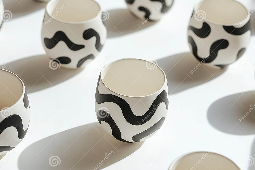 A Row of Black and White Ceramic Cups with Wavy Lines Stock ...
