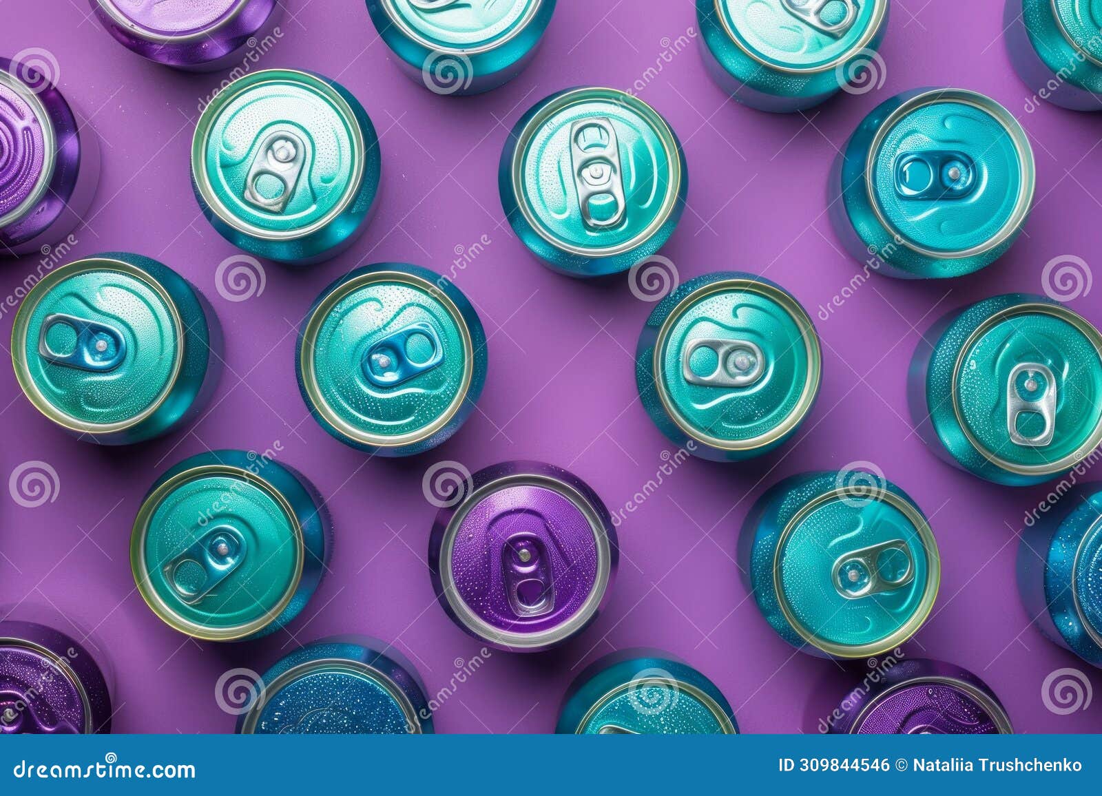 A Row of Blue Cans are Arranged in a Pattern on a Purple Background ...