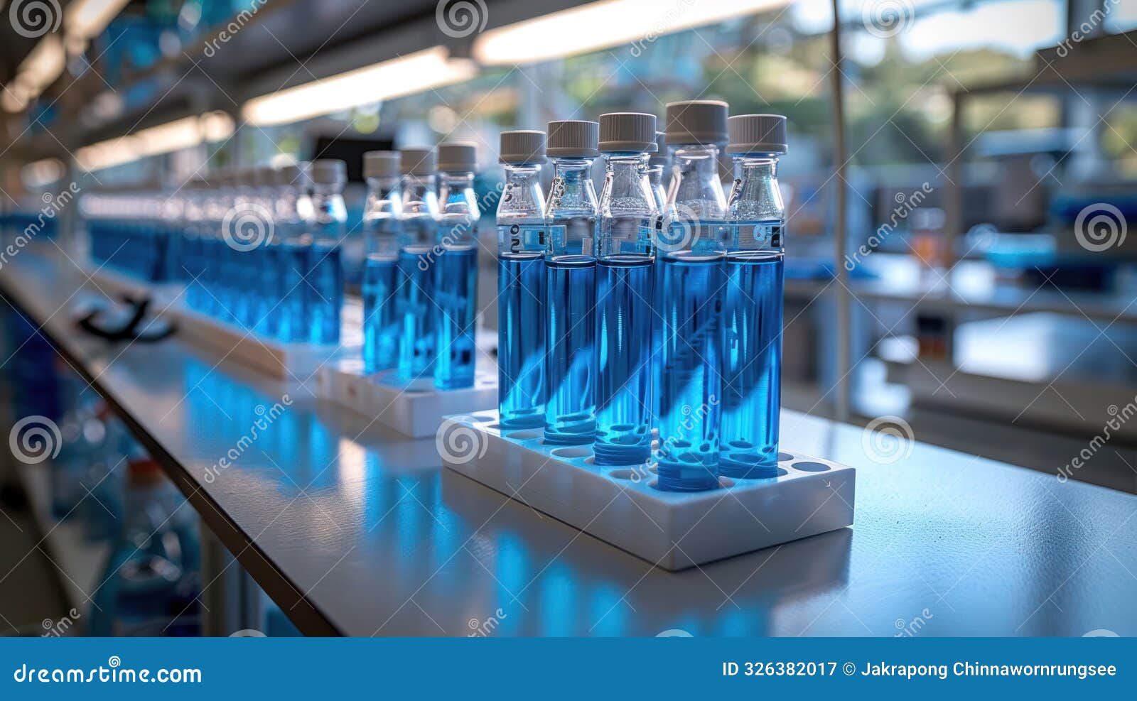 Row of Blue Liquid-filled Plastic Bottles in a Modern Laboratory ...
