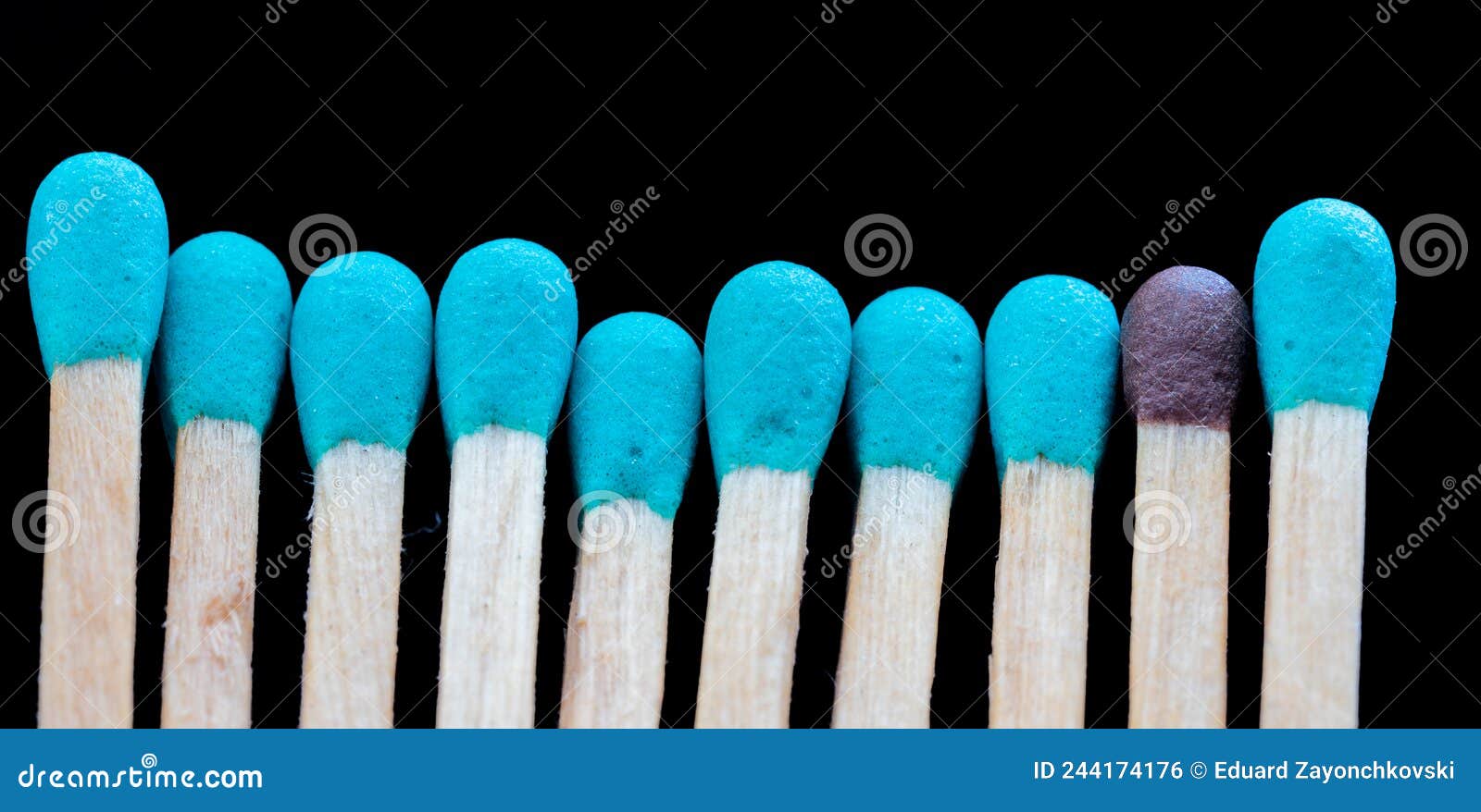 A Row of Blue Matches and One Different on Black Background. Stock ...