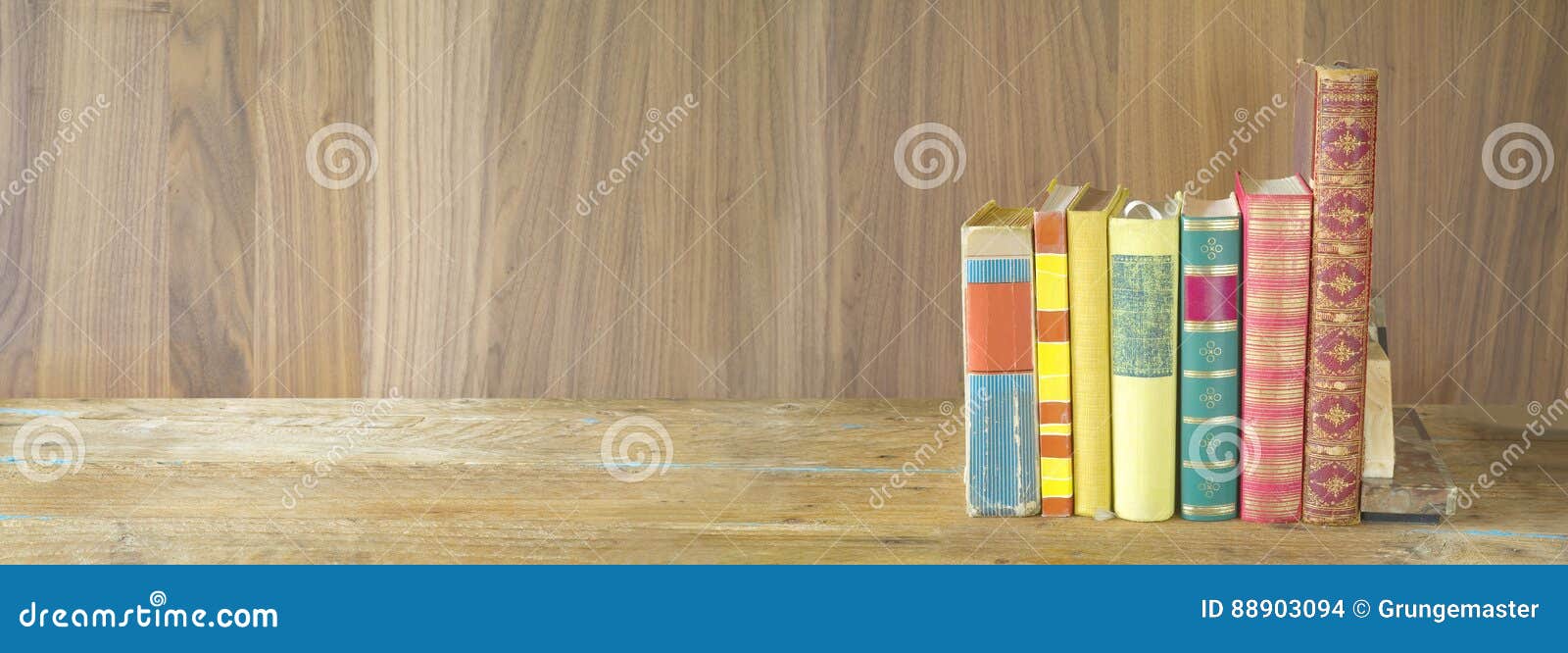 Row of Books on Wooden Background, Panorama Format, Good Copy Sp Stock ...