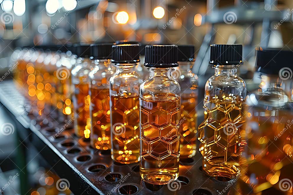 A Row of Bottles of Alcohol with a Hexagonal Label Stock Photo - Image ...