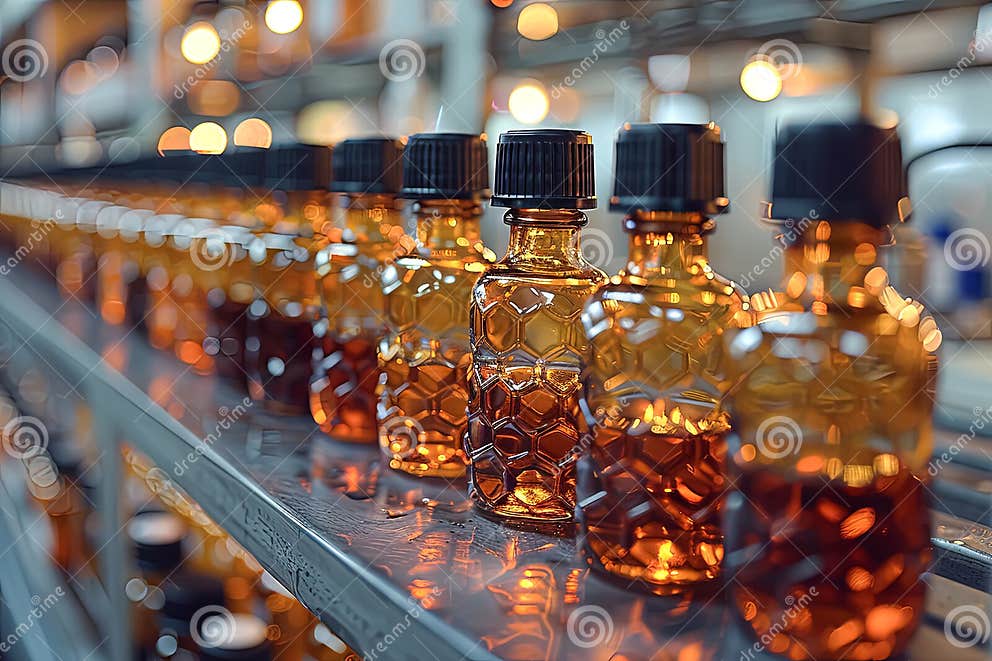 A Row of Bottles of Alcohol with a Hexagonal Label. Stock Photo - Image ...