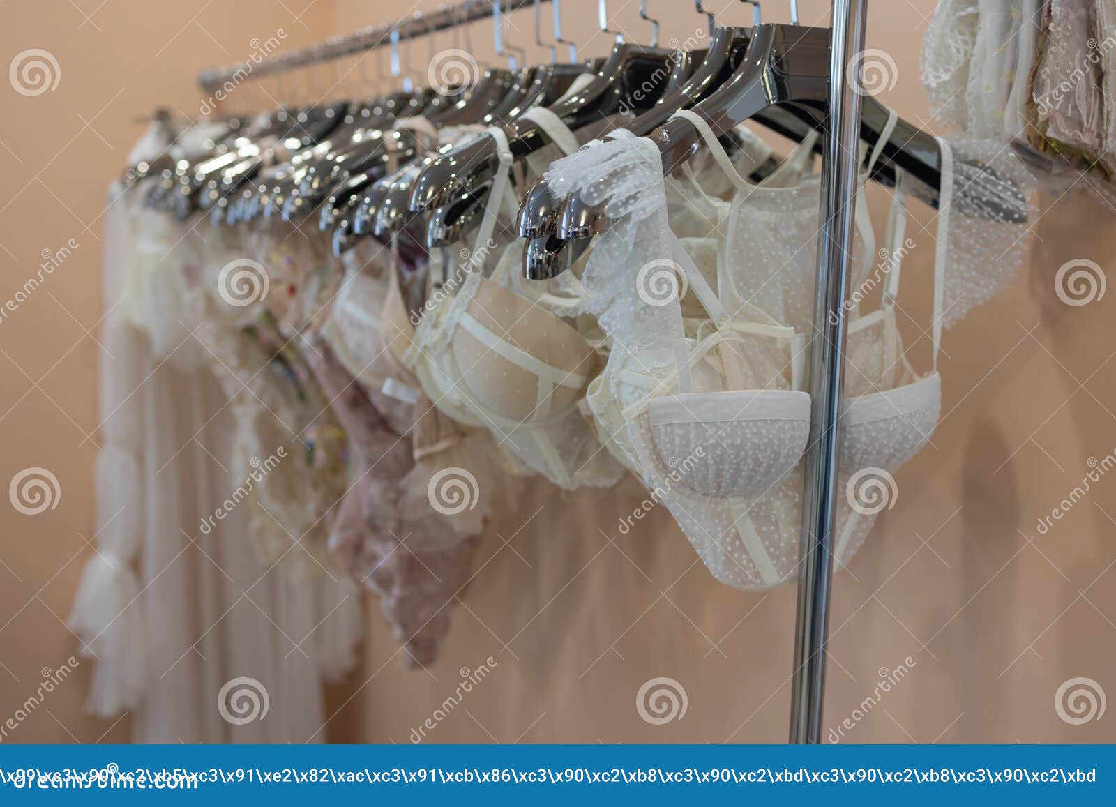 Row of Bras Hanging in Lingerie Store. Stock Image - Image of breast ...
