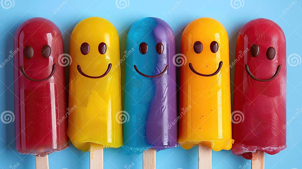 Row of Bright, Smiley Ice Pops on a Blue Background. Stock Photo ...