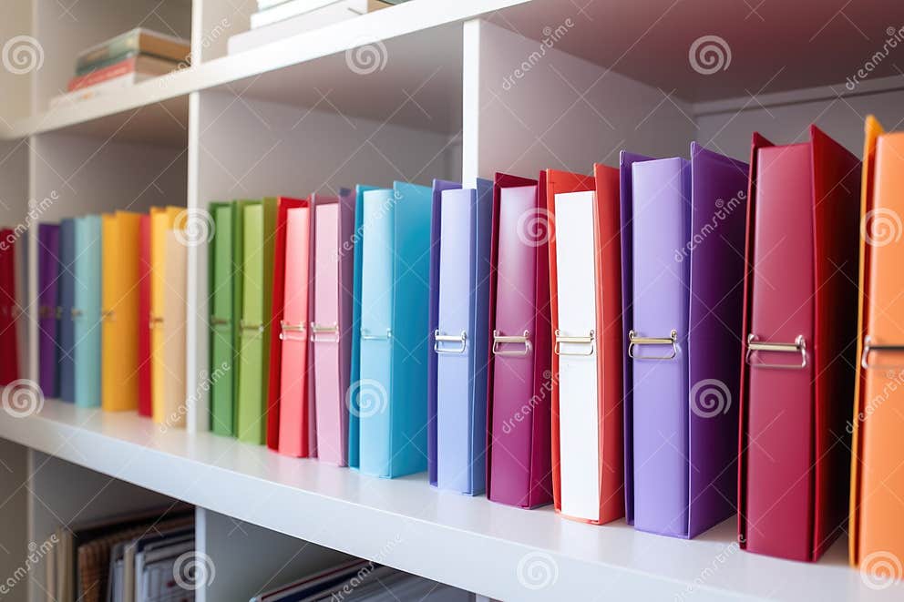 A Row of Brightly Colored Binders on a White Shelf Stock Image - Image ...