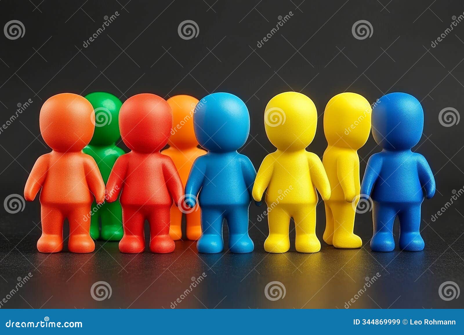 Row of Brightly Colored Humanoid Figures Standing on a Smooth Black ...