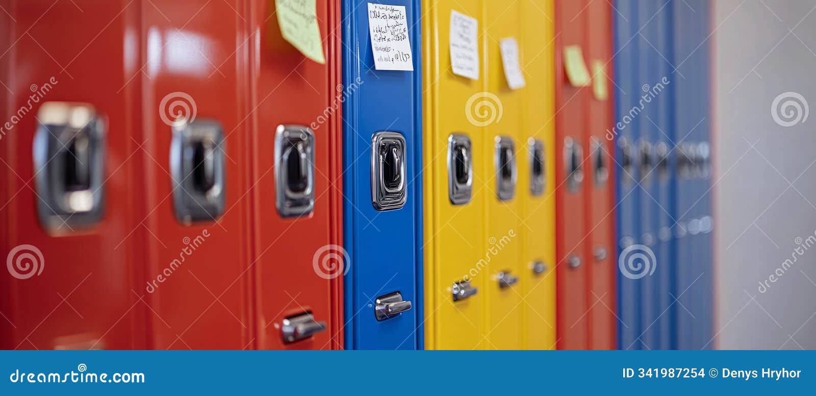 A Row of Brightly Colored Lockers in a School Hallway Features Several ...