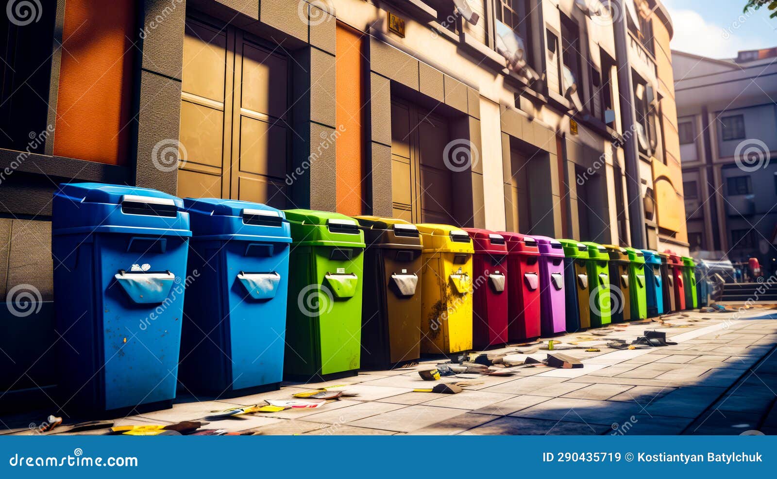 Row of Brightly Colored Trash Cans Sitting on the Side of Building ...