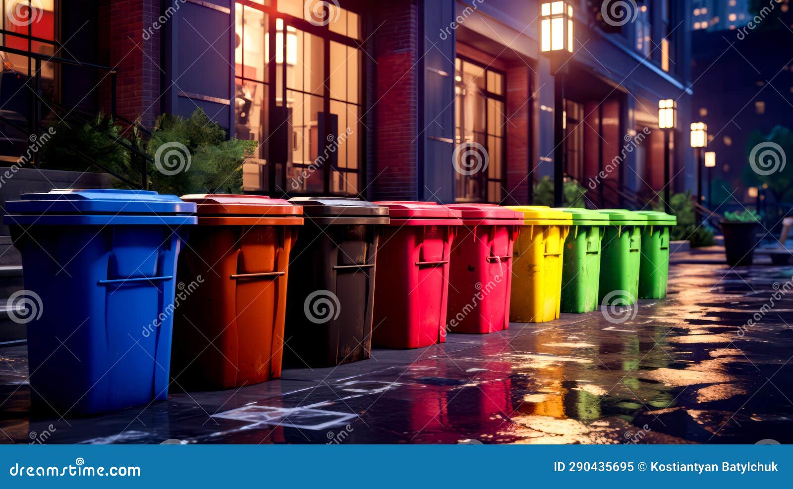 Row of Brightly Colored Trash Cans Sitting on the Side of Street ...